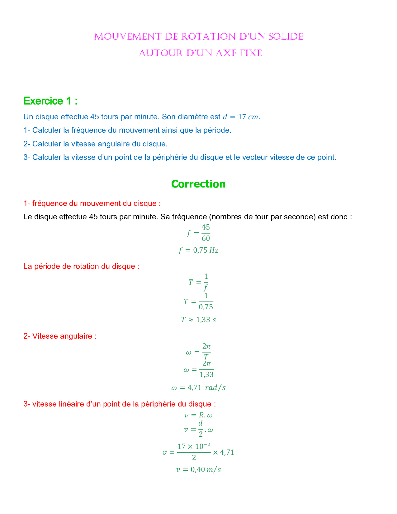 mouvement de rotation autour d'un axe fixe exercices corrigés 1 bac