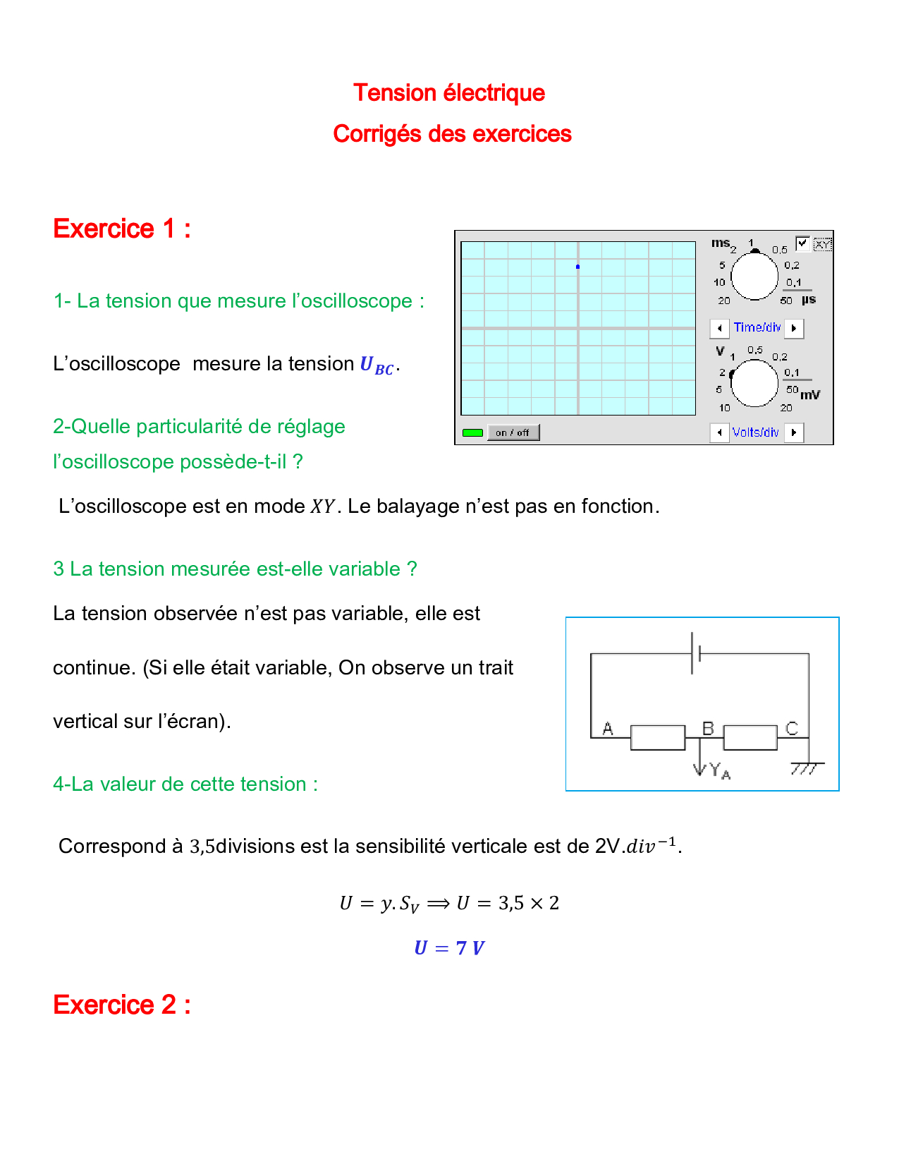 La tension électrique - Corrigé série d'exercices 1 - AlloSchool