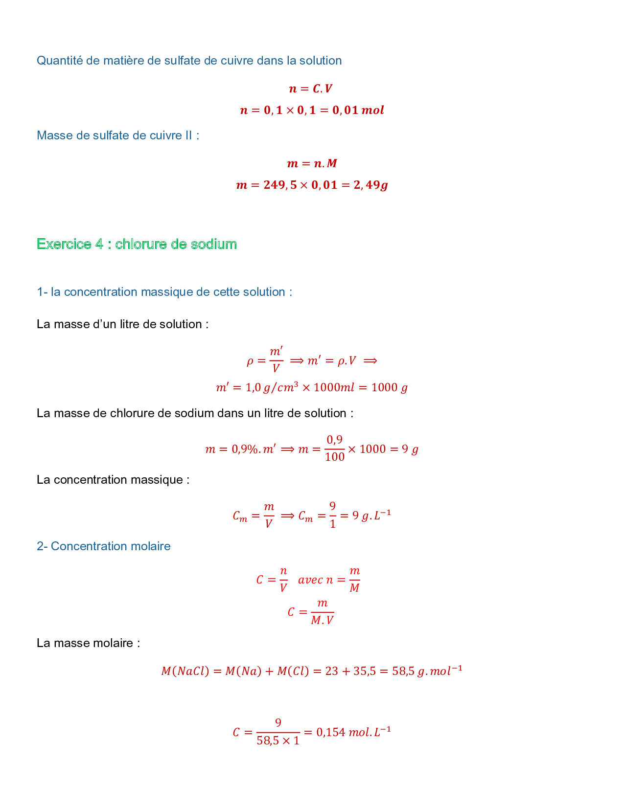 La concentration molaire - Corrigé série d'exercices 1 - AlloSchool