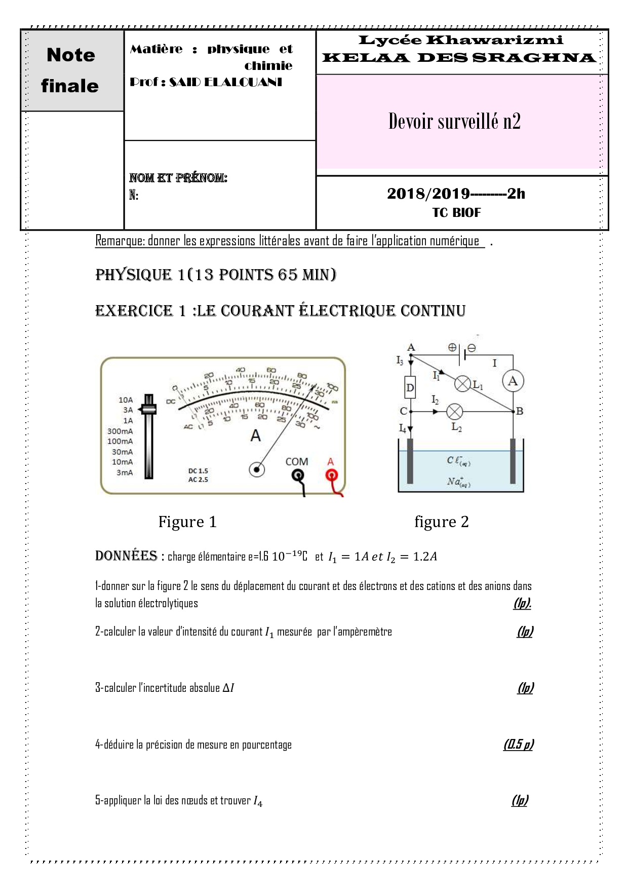 Devoir 1 Modèle 6 - Physique-Chimie TC Semestre 2 - AlloSchool