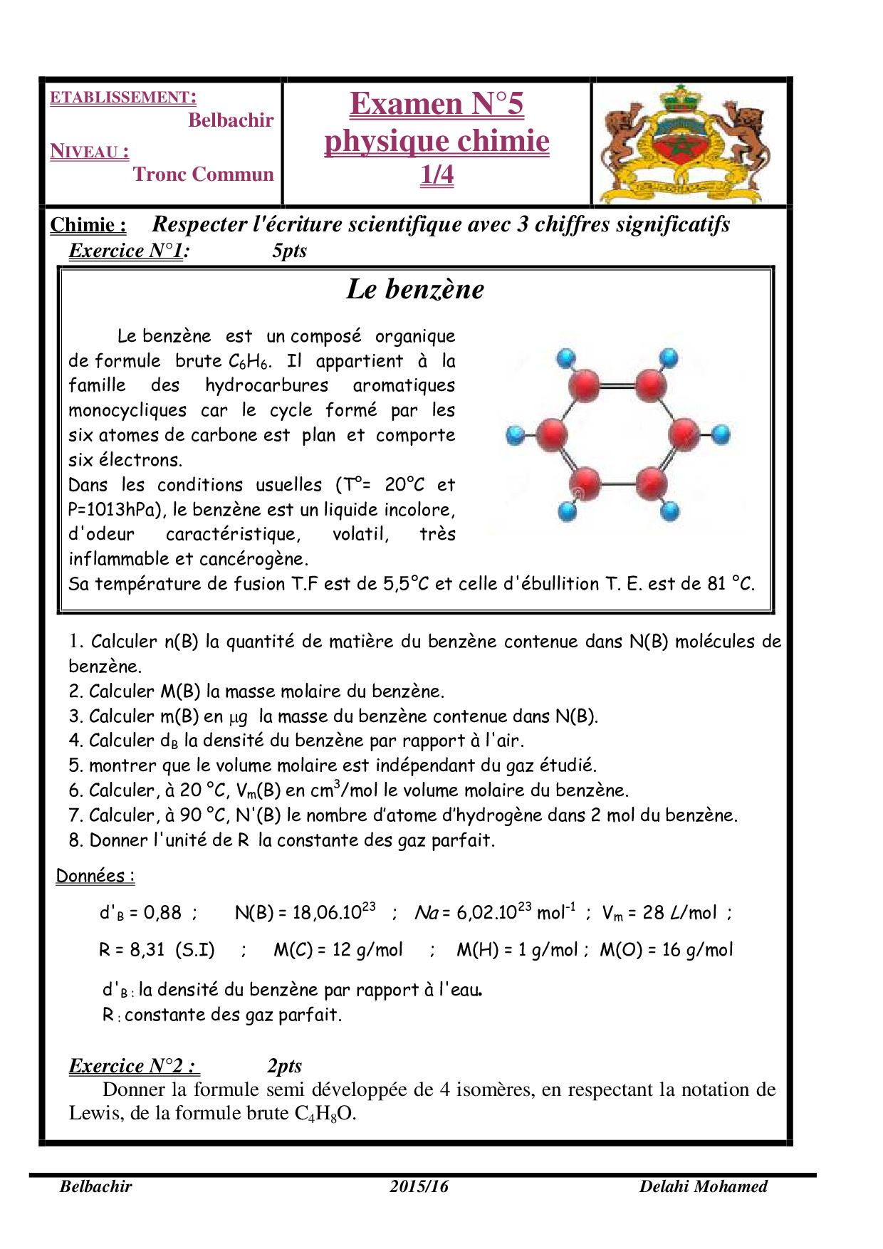 Devoir 2 Modèle 2 - Physique-Chimie TC Semestre 2 - AlloSchool