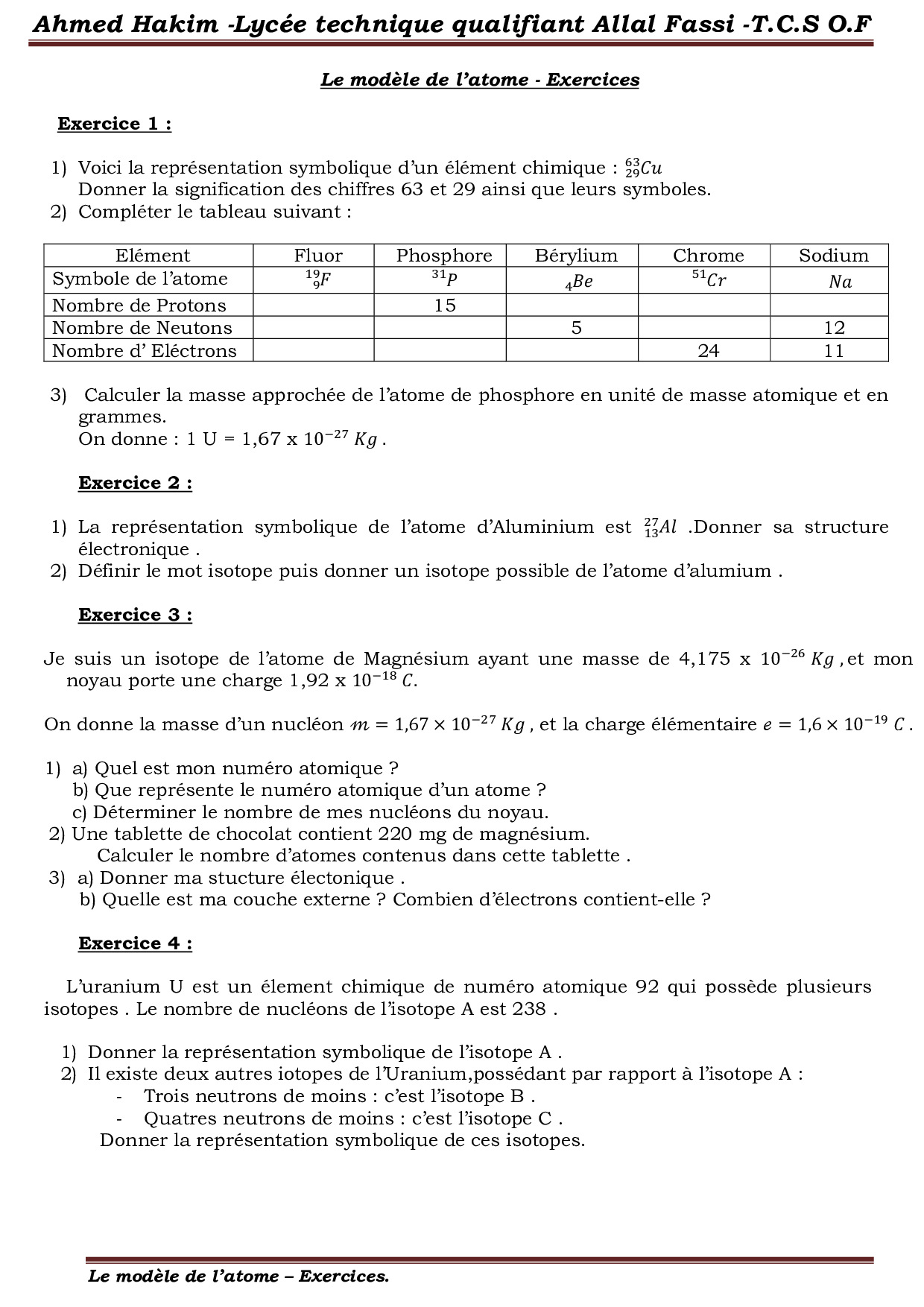 Le modèle de l'atome - Exercices non corrigés 5 - AlloSchool