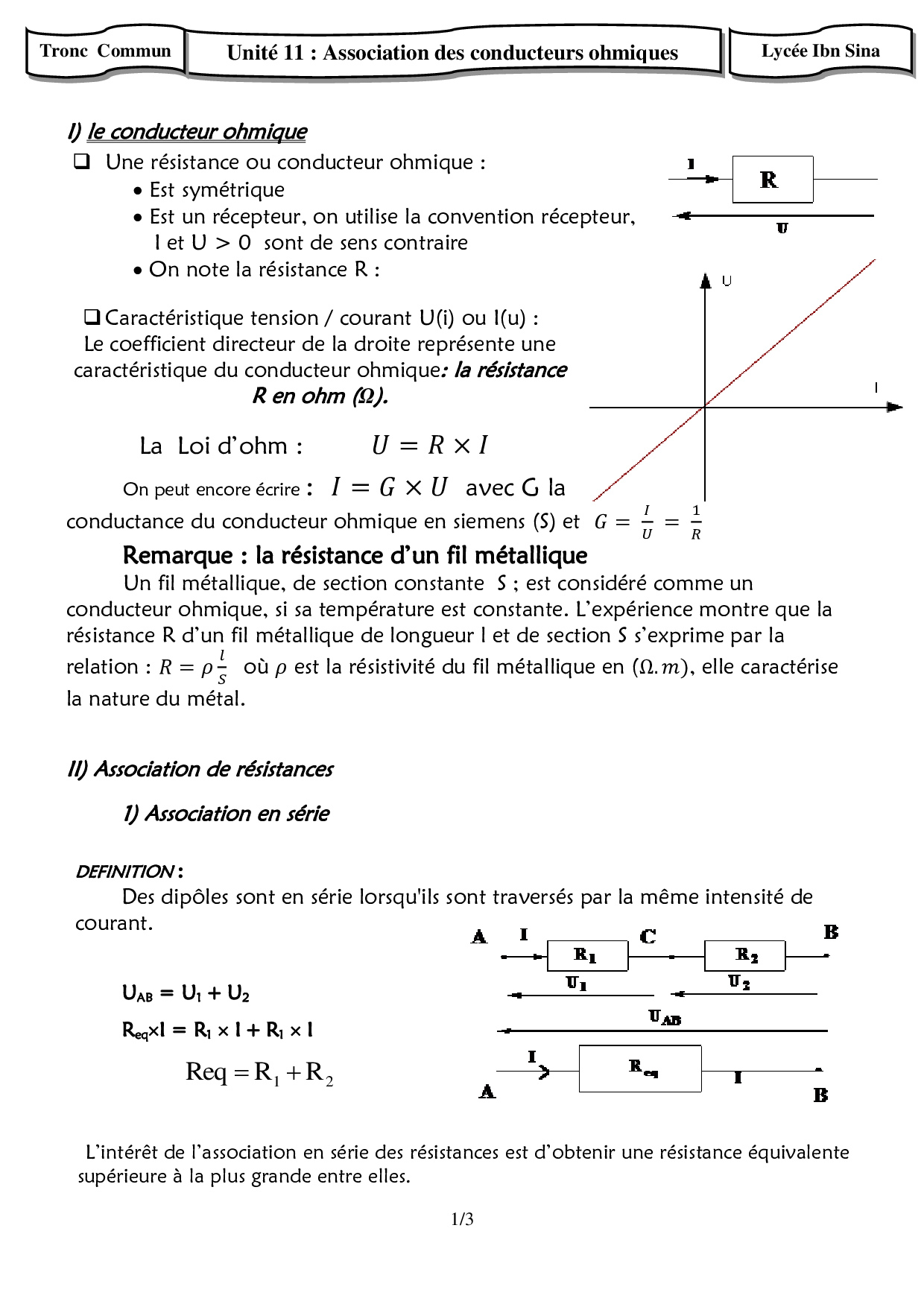 Association des conducteurs ohmiques - Résumé de cours 2 - AlloSchool