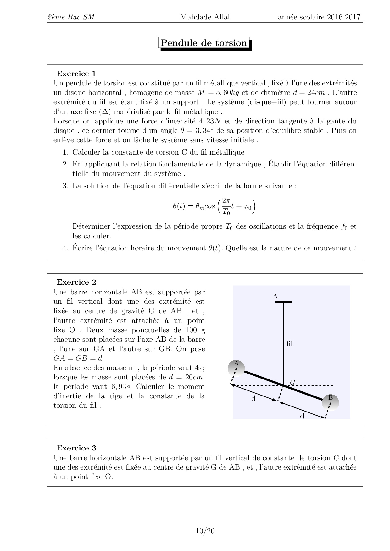 Pendule de torsion - Exercices non corrigés 2 - AlloSchool
