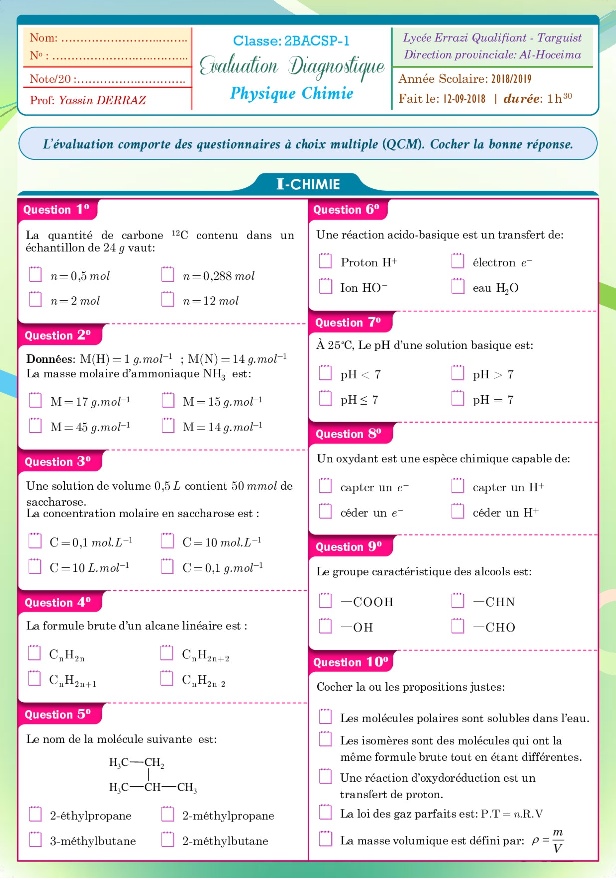 Physique-Chimie (2ème Bac) - Évaluation diagnostique 3 - AlloSchool