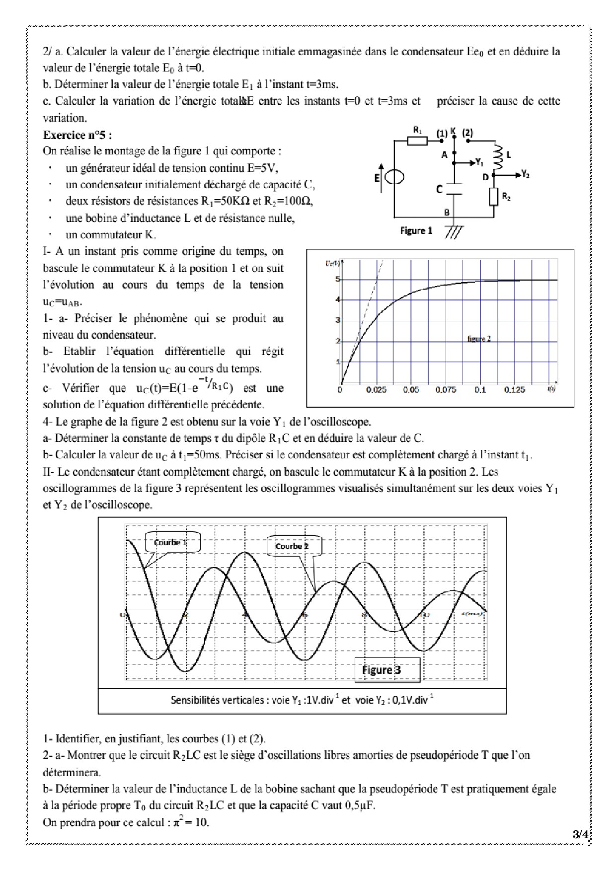 Oscillations libres d'un circuit RLC série - Exercices non corrigés 4 ...