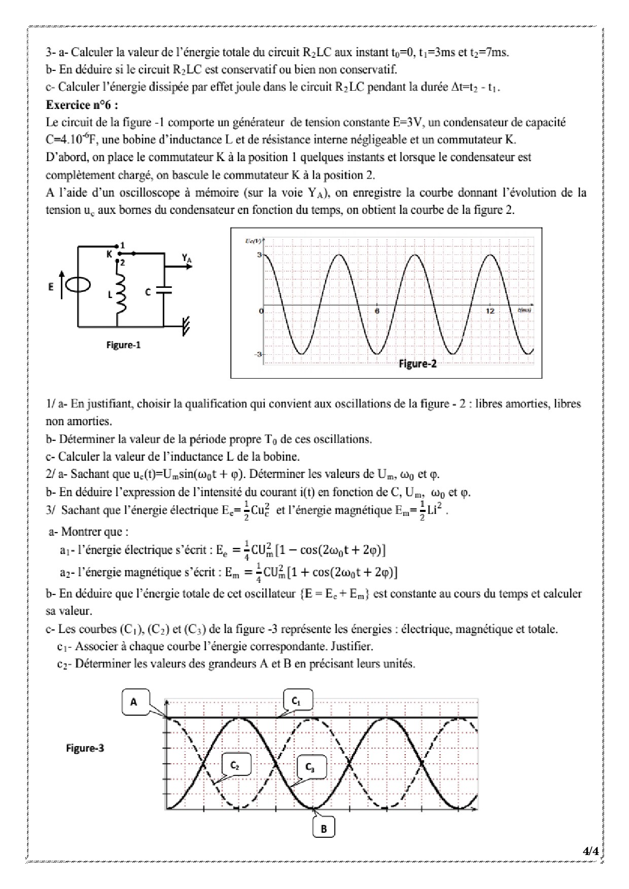 Oscillations libres d'un circuit RLC série - Exercices non corrigés 4 ...