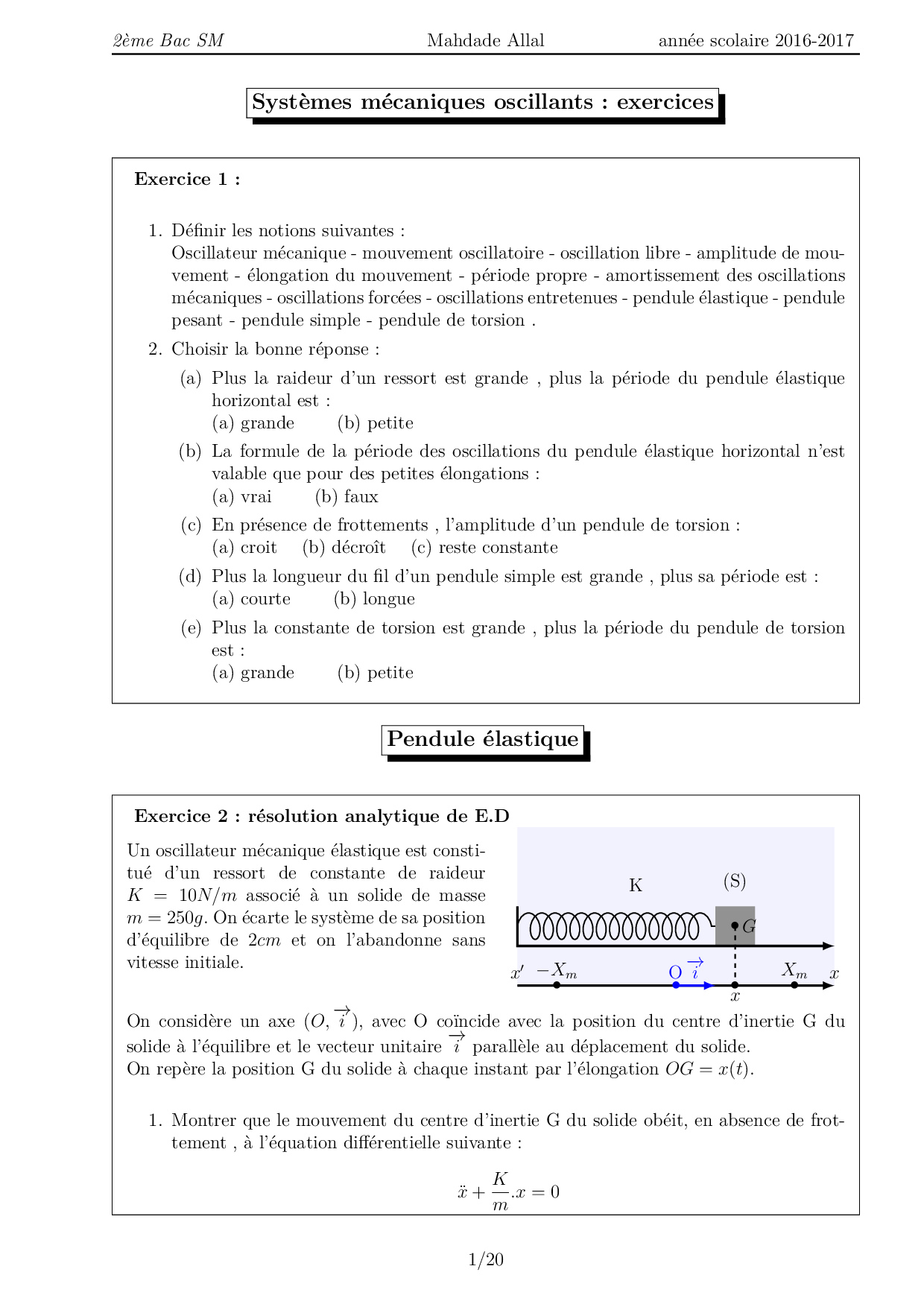 Pendule élastique - Exercices non corrigés 2 - AlloSchool