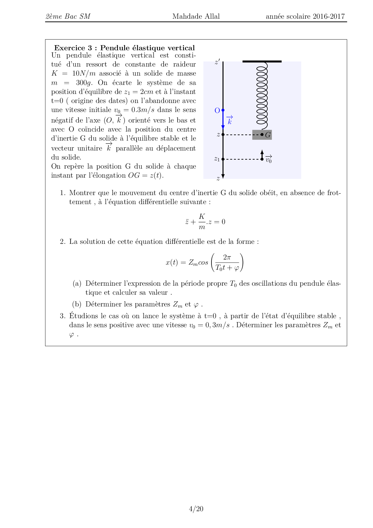 Pendule élastique - Exercices non corrigés 2 - AlloSchool