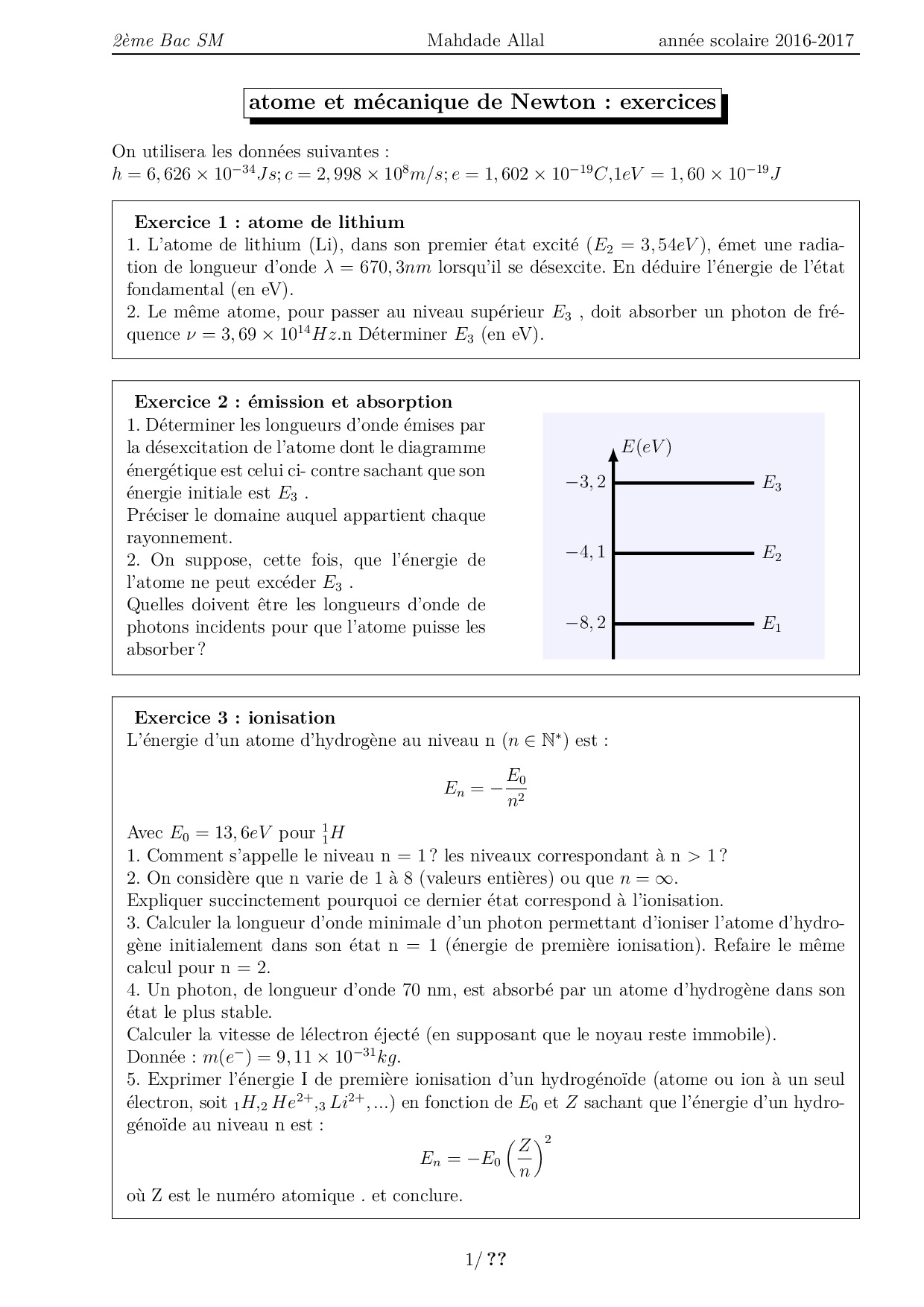 Atome et mécanique de Newton - Exercices non corrigés 1 - AlloSchool