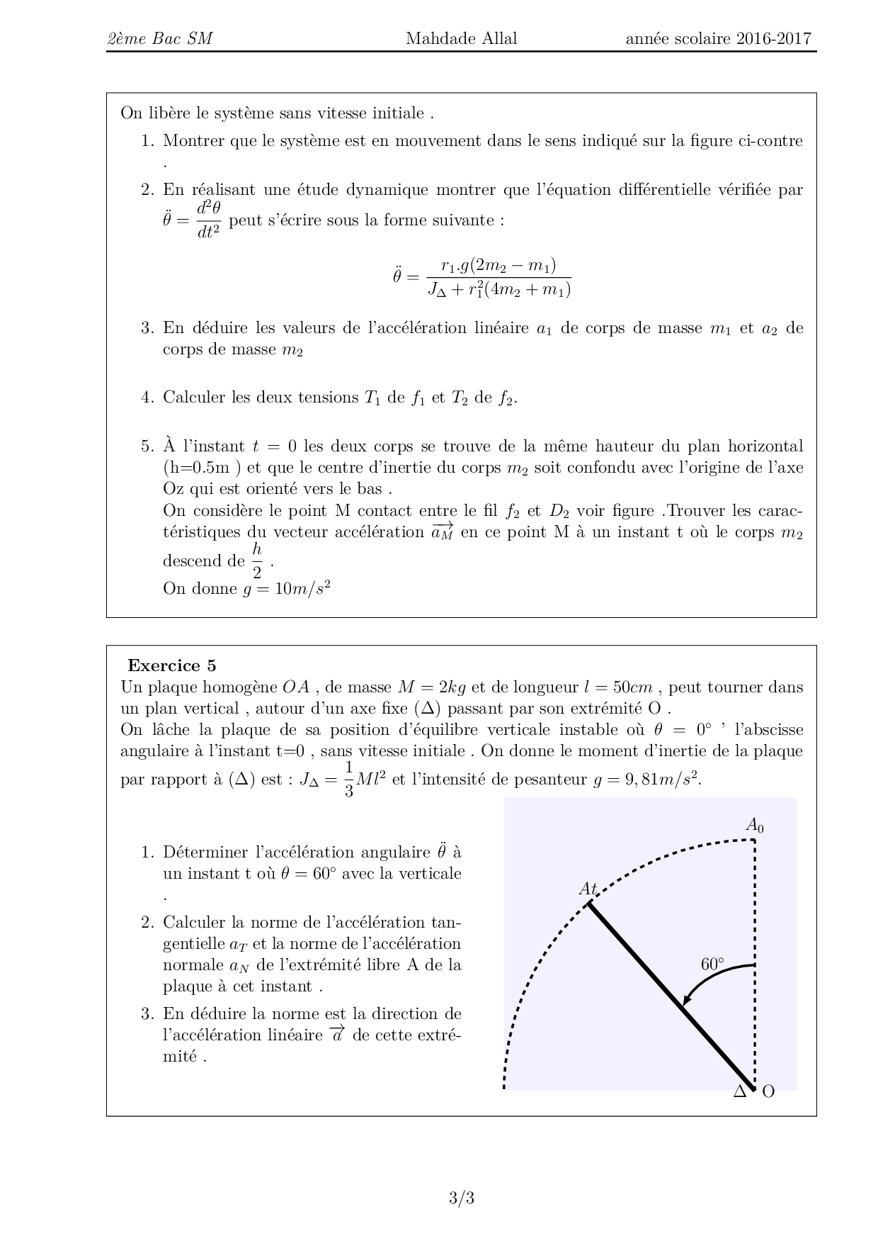 Mouvement de rotation d’un solide autour d’un axe fixe - Exercices non ...