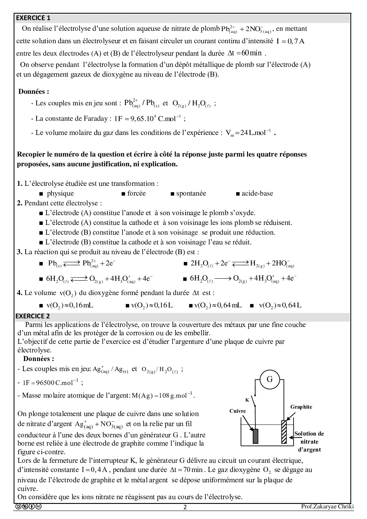 Transformations forcées (Électrolyse) - Exercices non corrigés 2 - AlloSchool