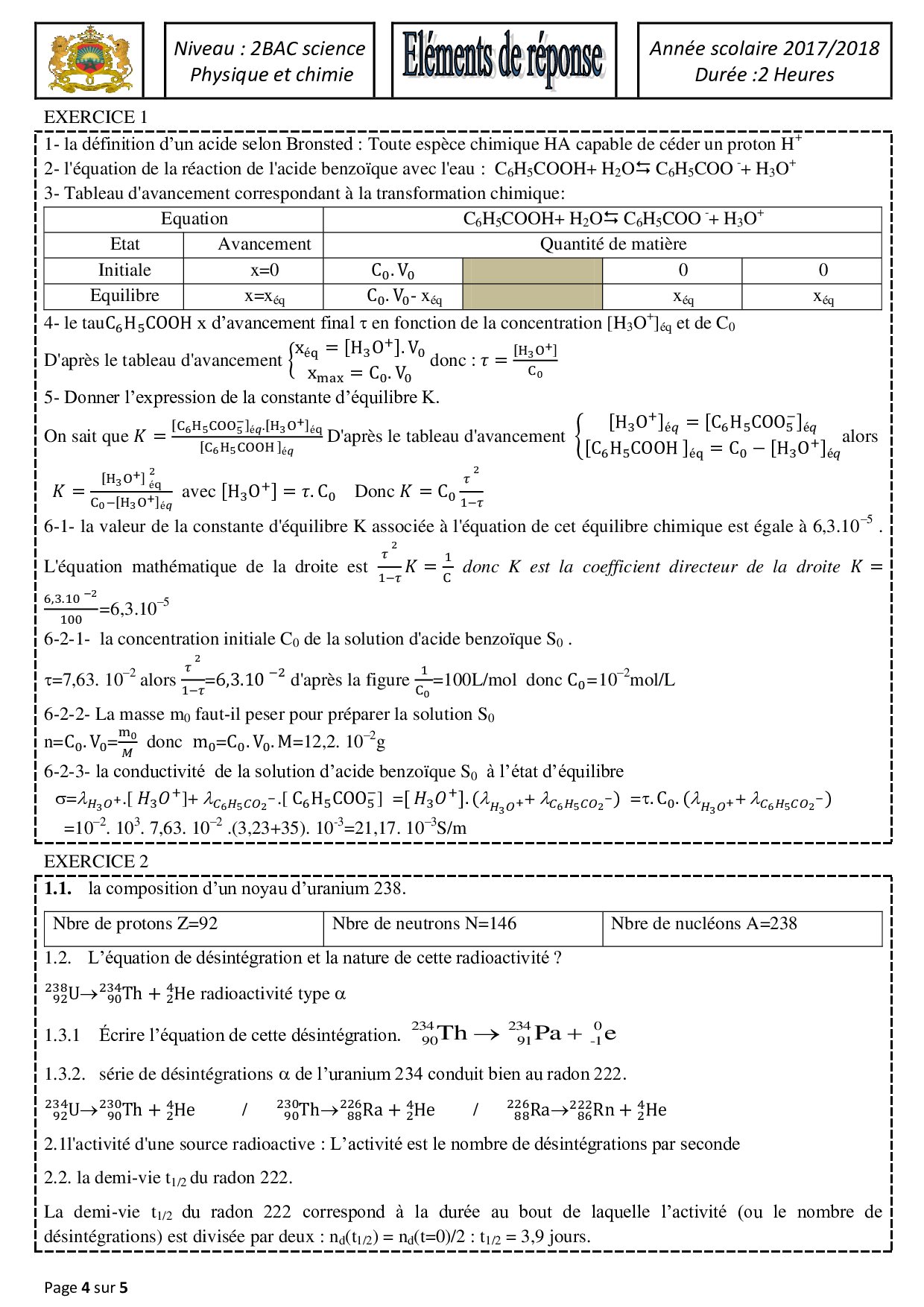 Devoir 2 Modèle 1 - Physique Chimie 2 Bac SPC Semestre 1 (Corrigé) - AlloSchool