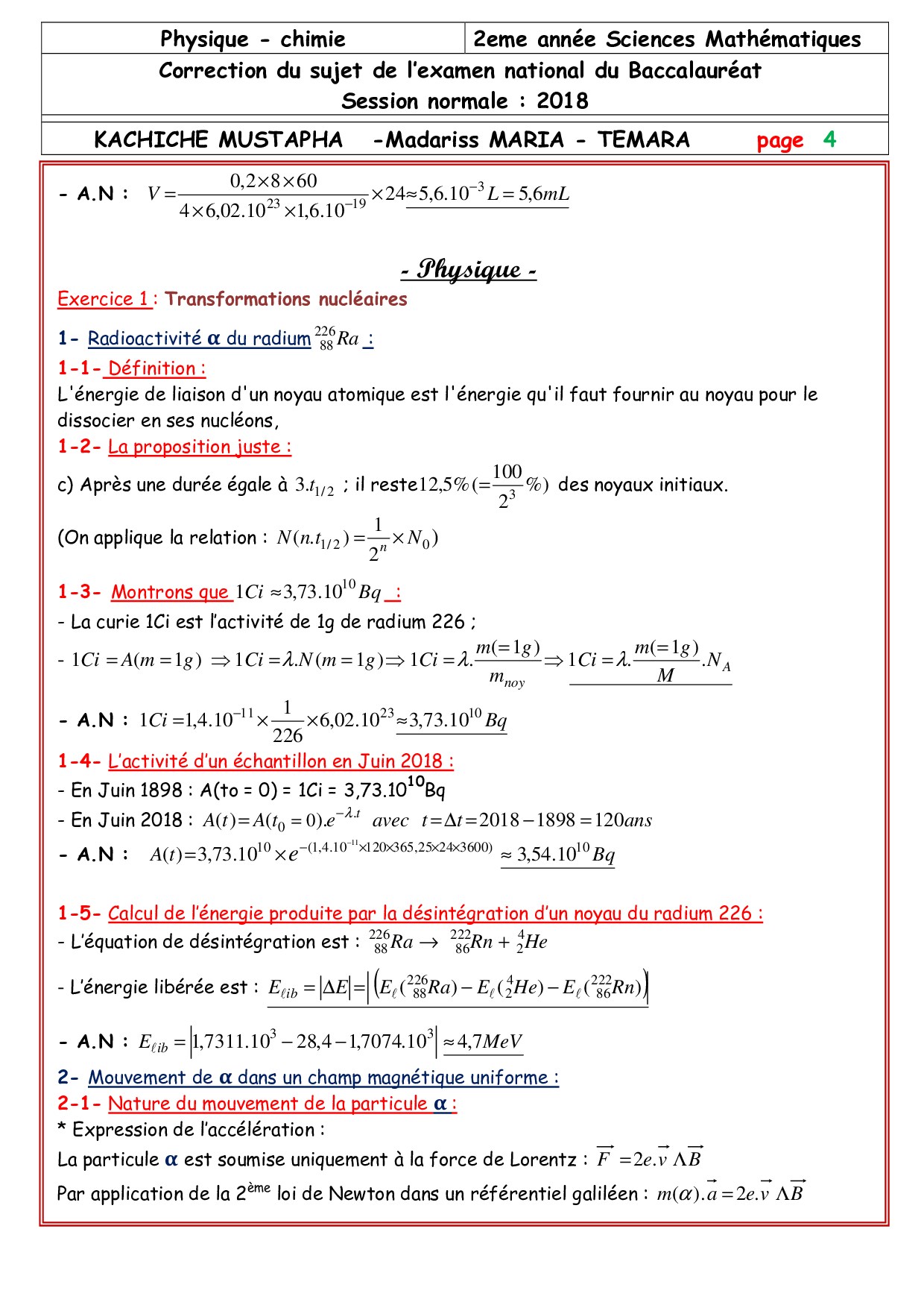 Examen National Physique-Chimie Sciences Maths 2018 Normale - Corrigé ...