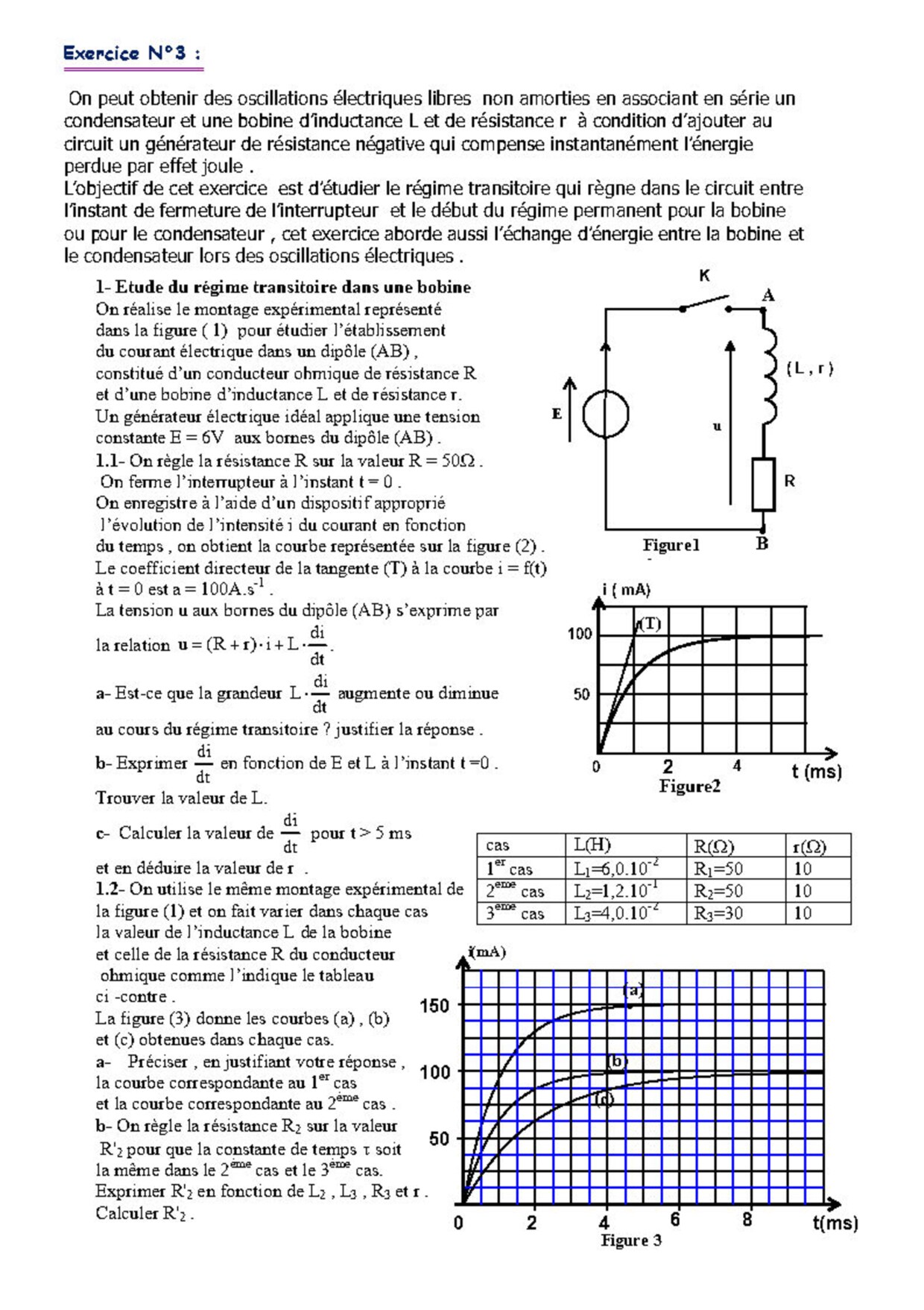 Oscillations libres d'un circuit RLC série - Exercices non corrigés 6 ...