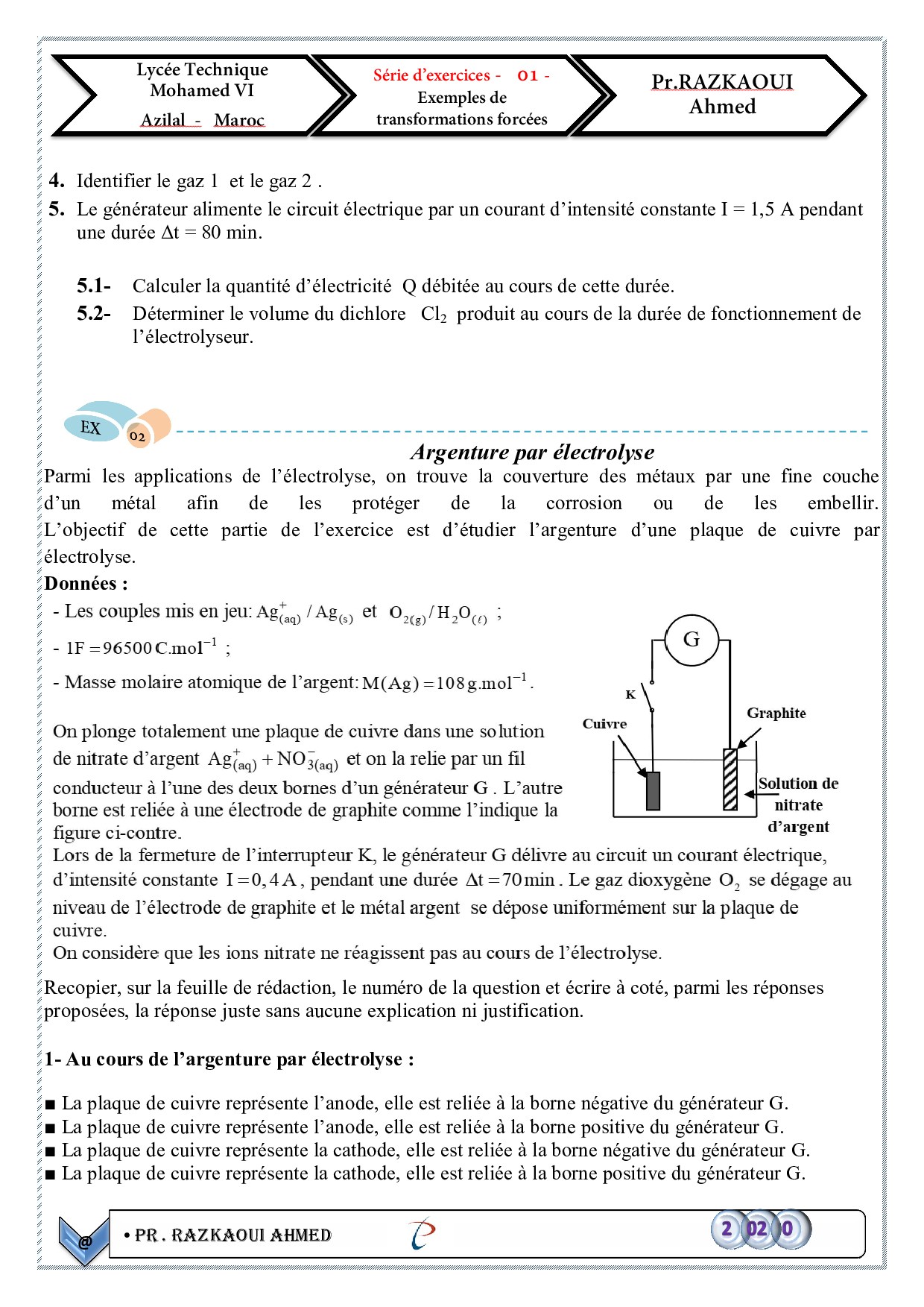 Transformations forcées (Électrolyse) - Exercices non corrigés 1 - AlloSchool
