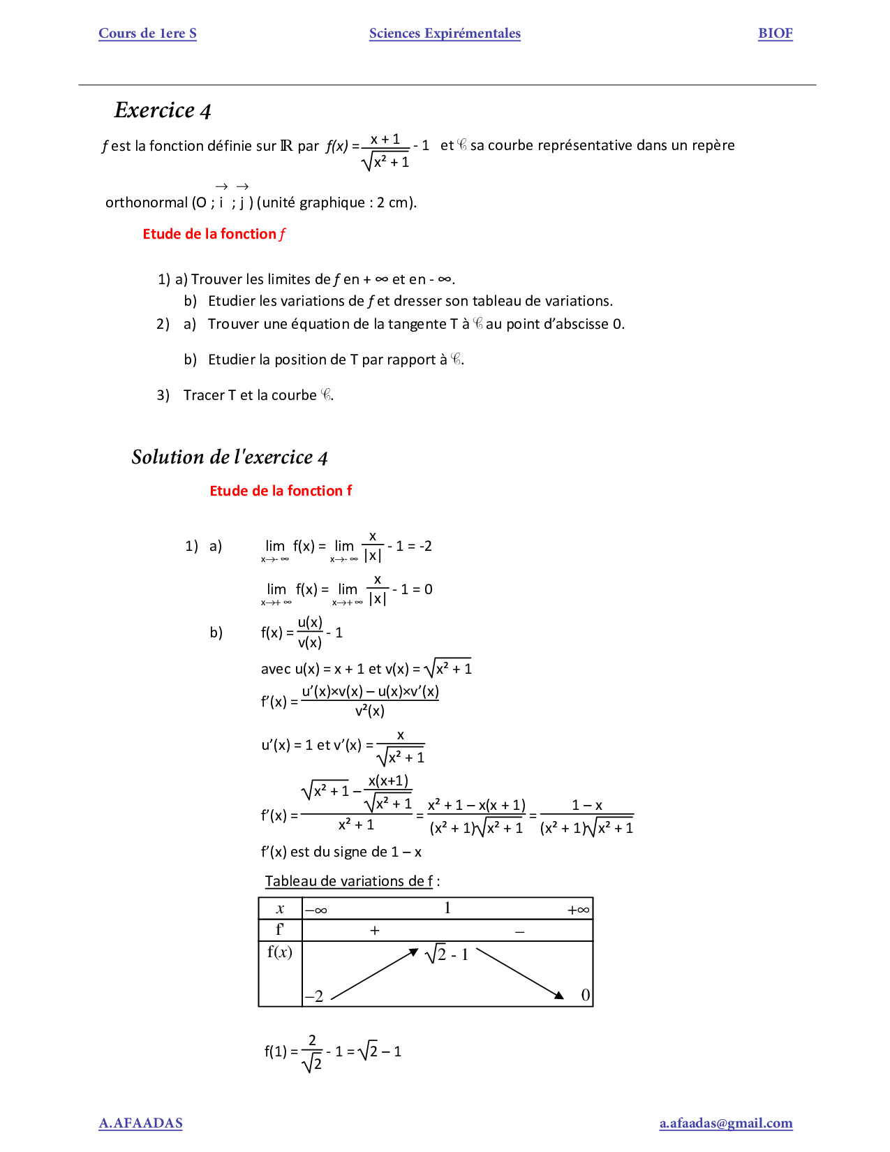 Étude des fonctions numériques - Exercices corrigés (FR) - AlloSchool