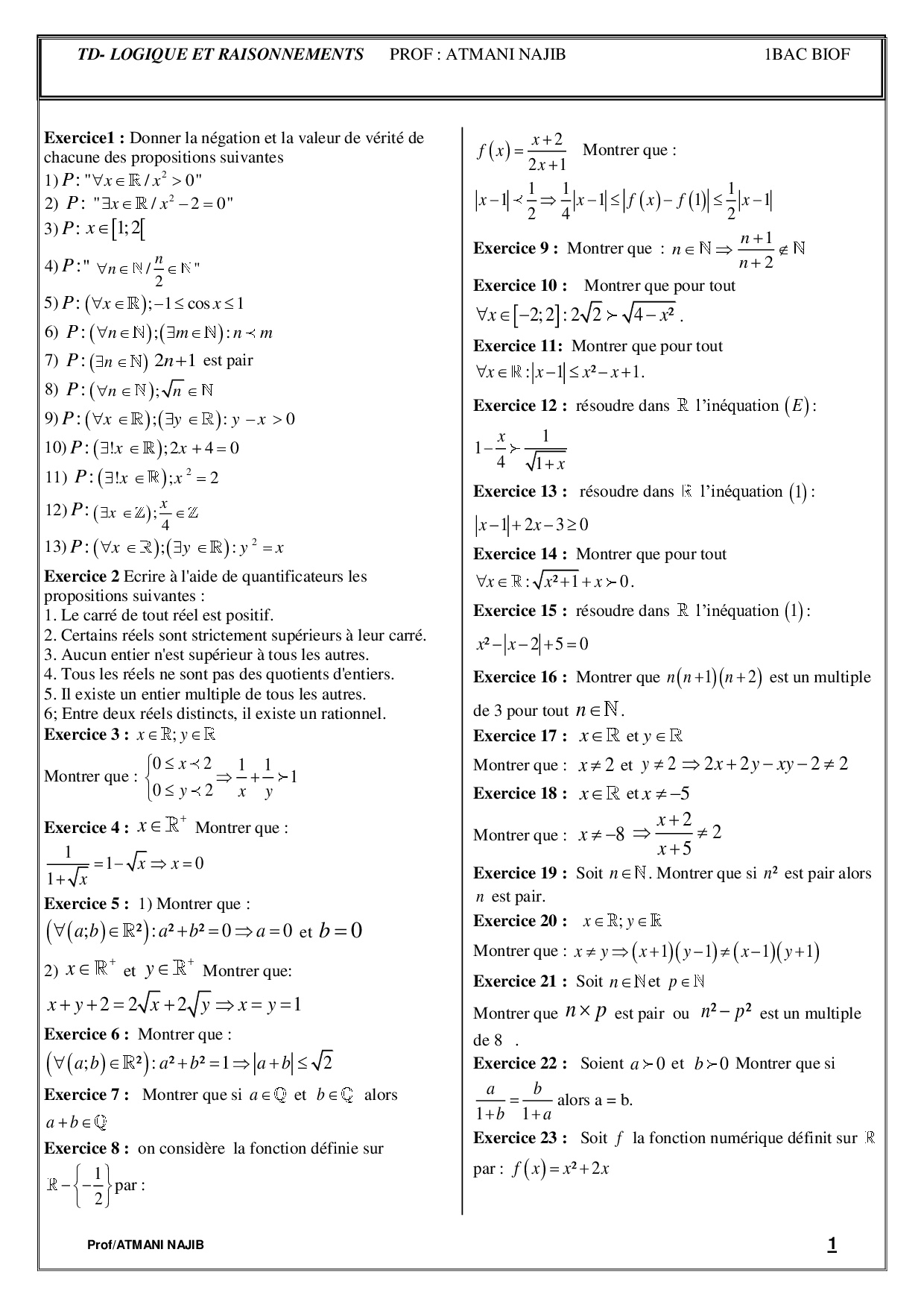 Logique mathématique - Série d'exercices 1 - AlloSchool