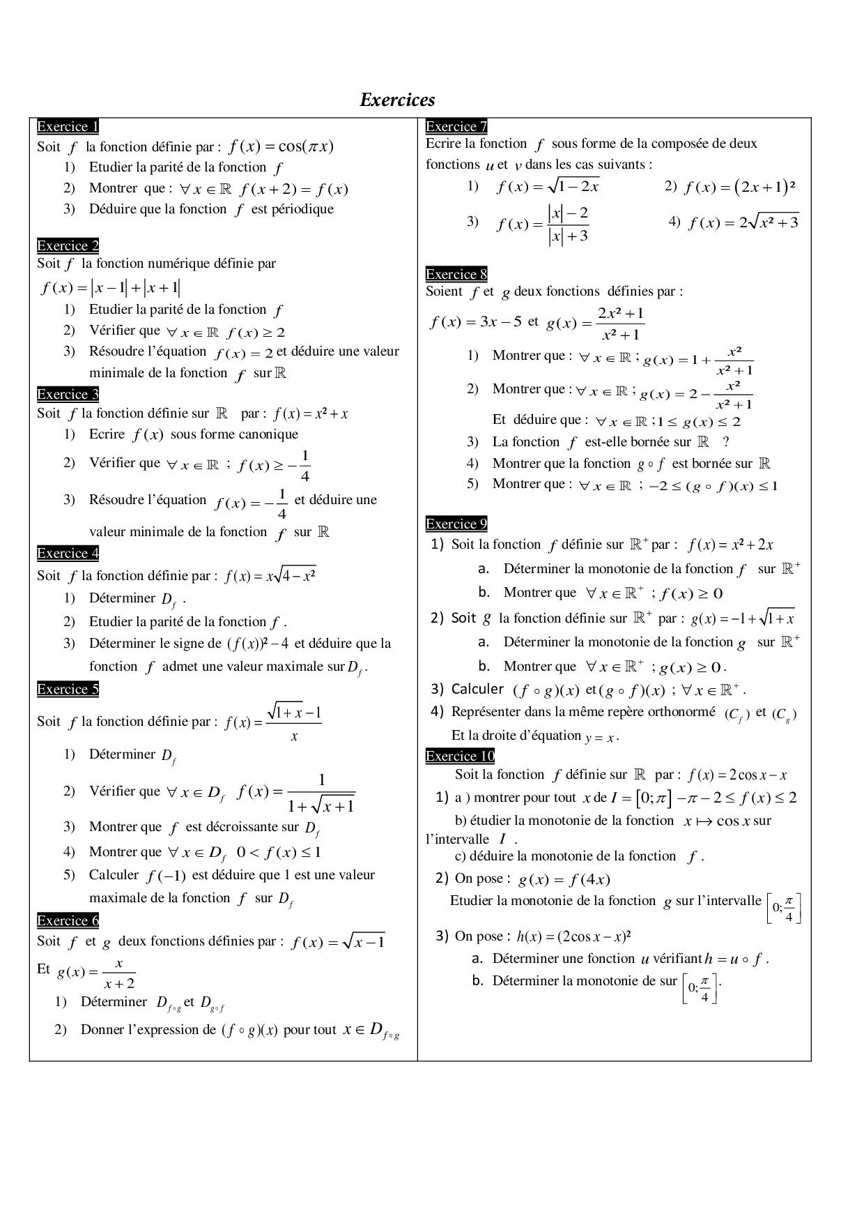 Généralités sur les fonctions - Exercices non corrigés 2 - AlloSchool