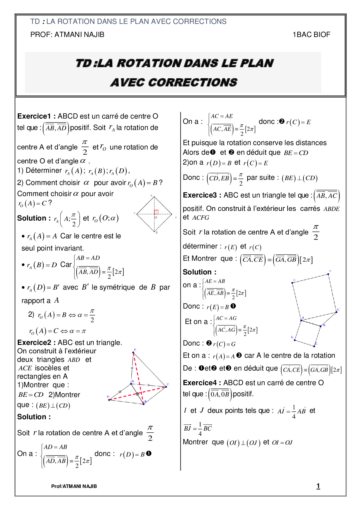 La rotation dans le plan - Corrigé série d'exercices 1 - AlloSchool