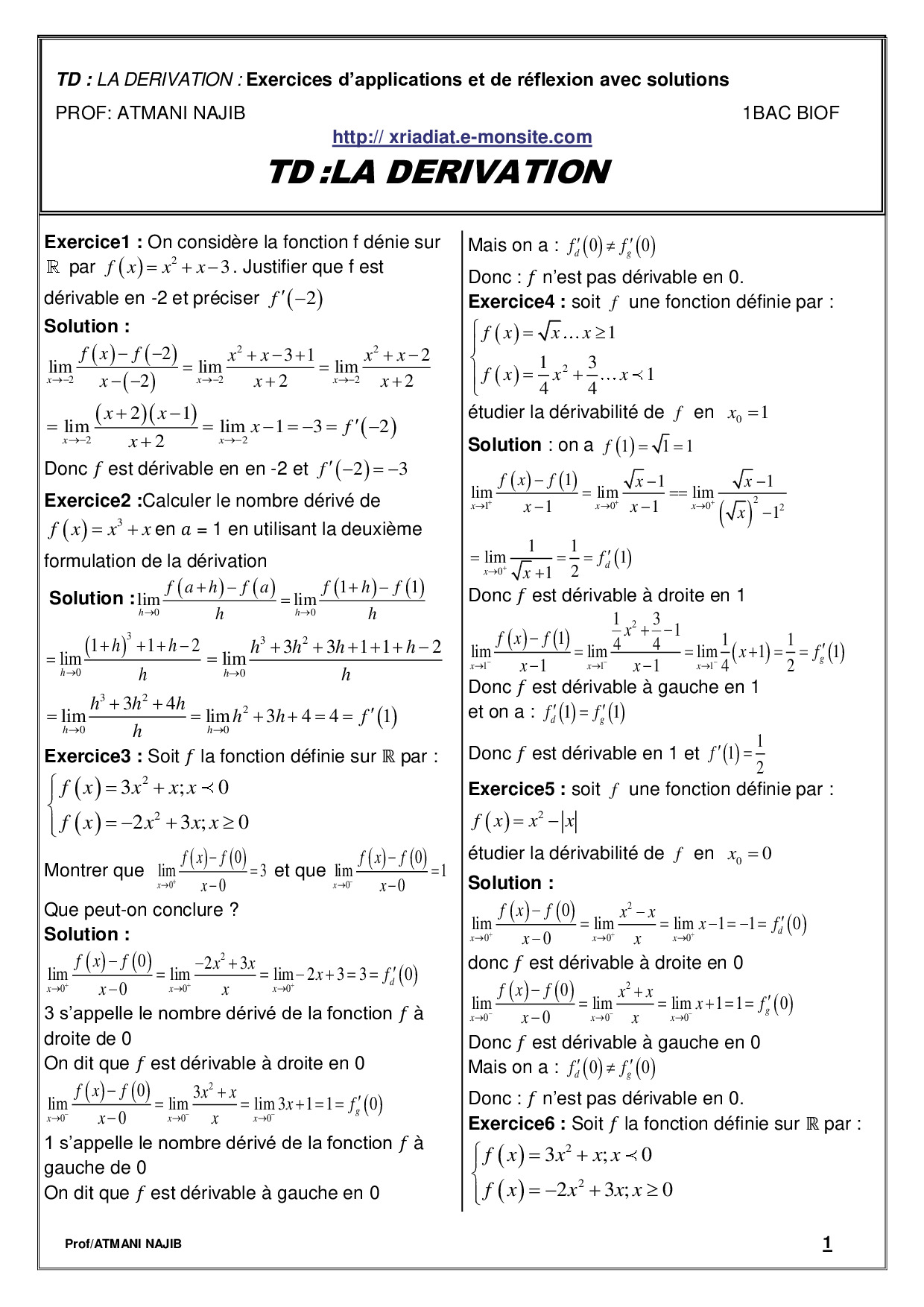 La dérivation - Corrigé série d'exercices 1 - AlloSchool