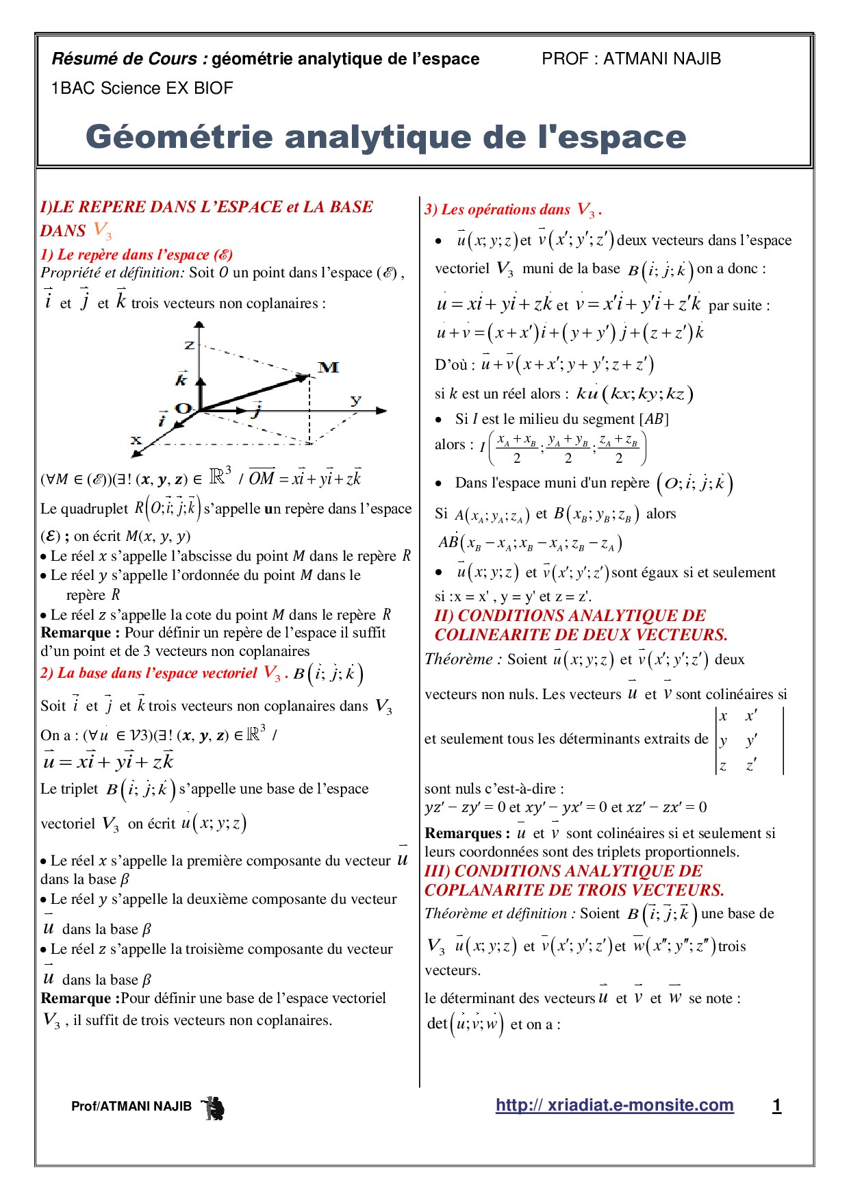 Géométrie analytique de l’espace - Résumé de cours 1 - AlloSchool