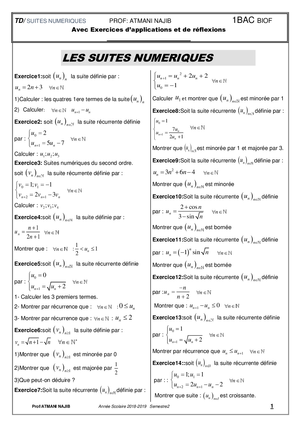 Les suites numériques - Série d'exercices 1 - AlloSchool