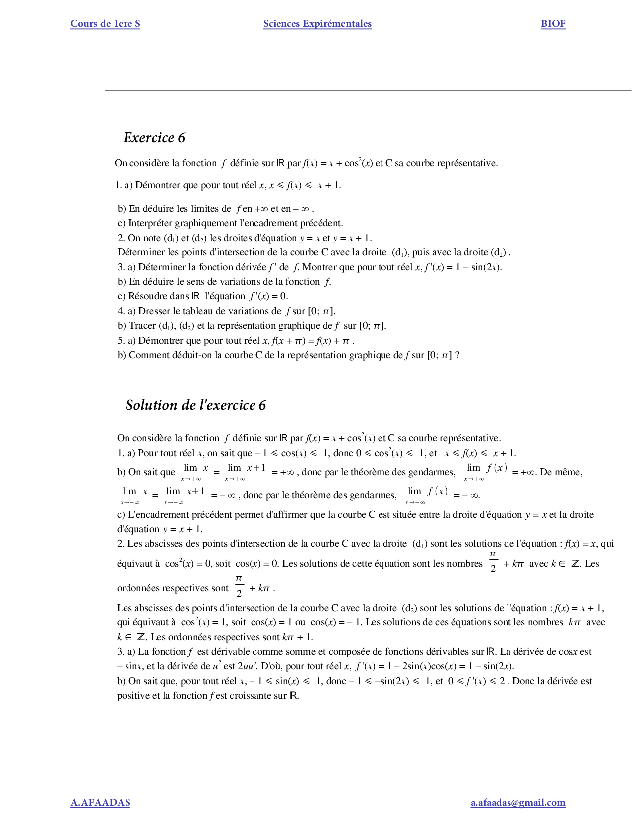 Étude des fonctions numériques - Exercices corrigés (FR) - AlloSchool