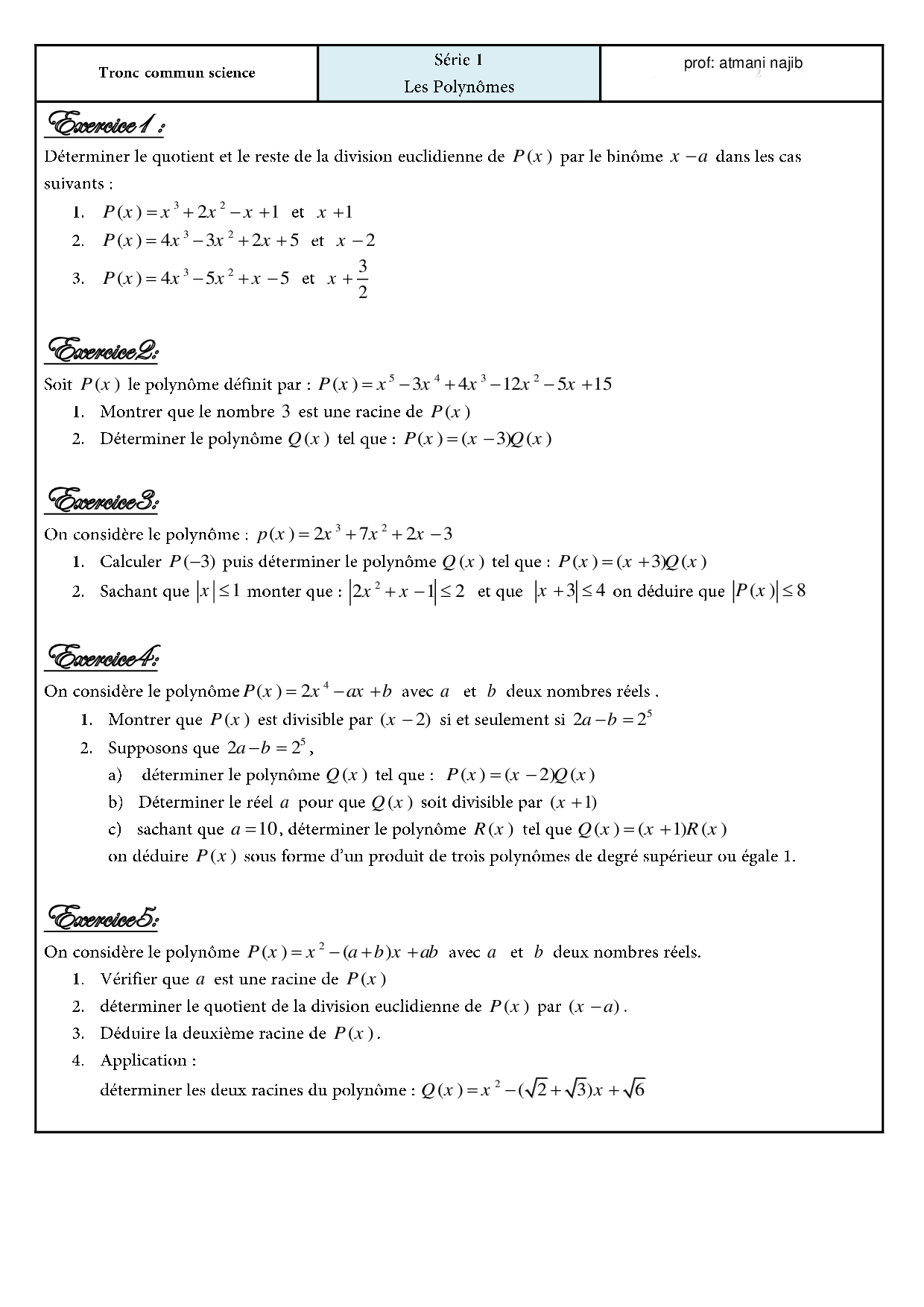 Les polynômes - Exercices non corrigés 2 - AlloSchool