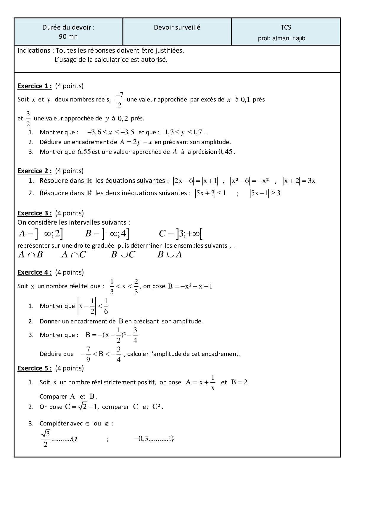 Devoir 5 (Ordre dans R et équations) - AlloSchool