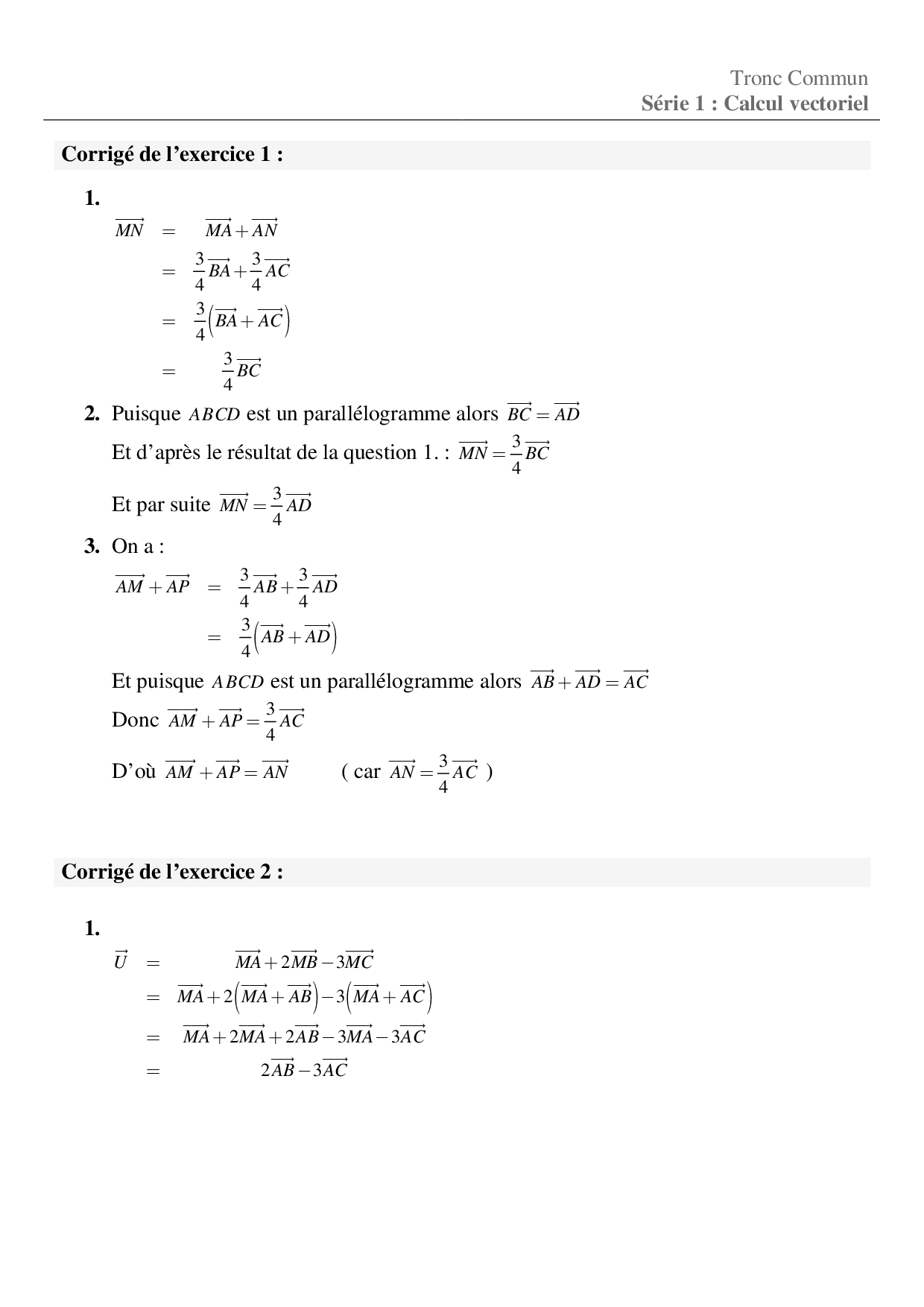 Calcul vectoriel dans le plan - Corrigé série d'exercices 1 - AlloSchool