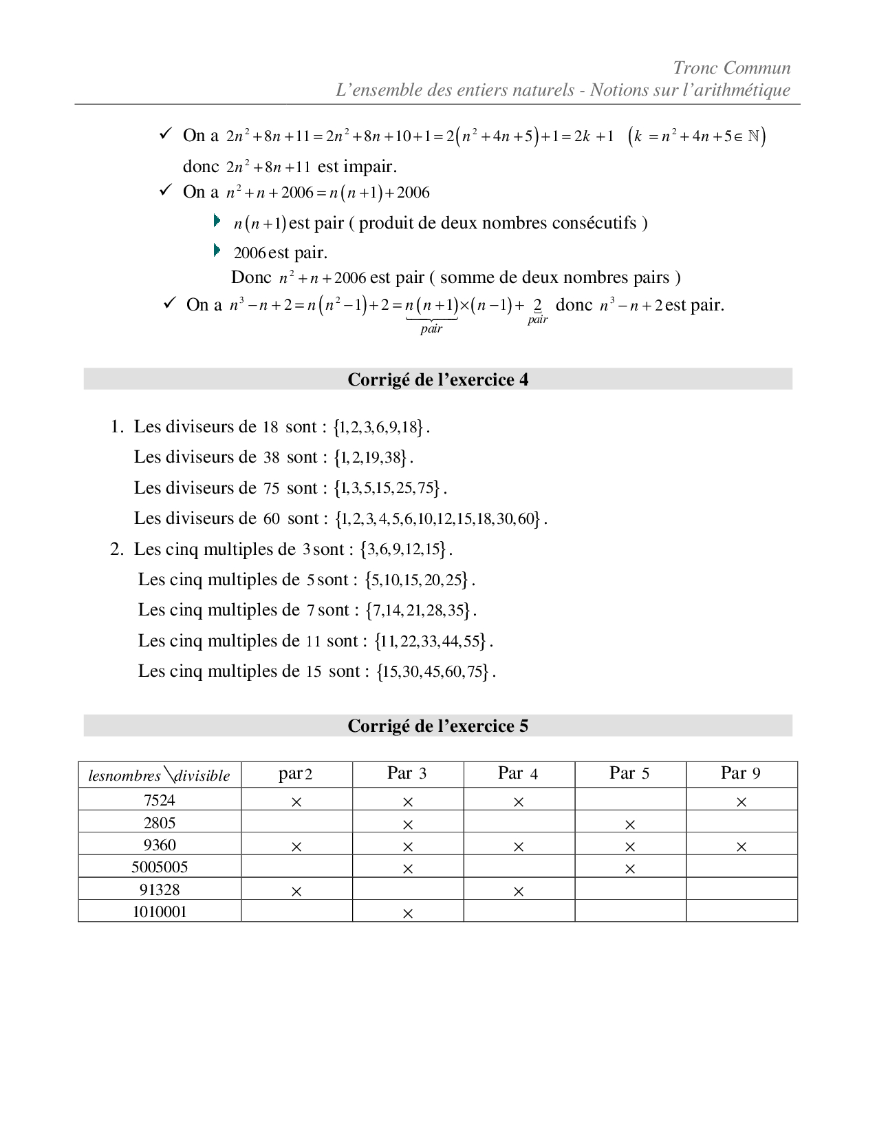 Arithmétique dans IN - Corrigé série d'exercices 2 - AlloSchool