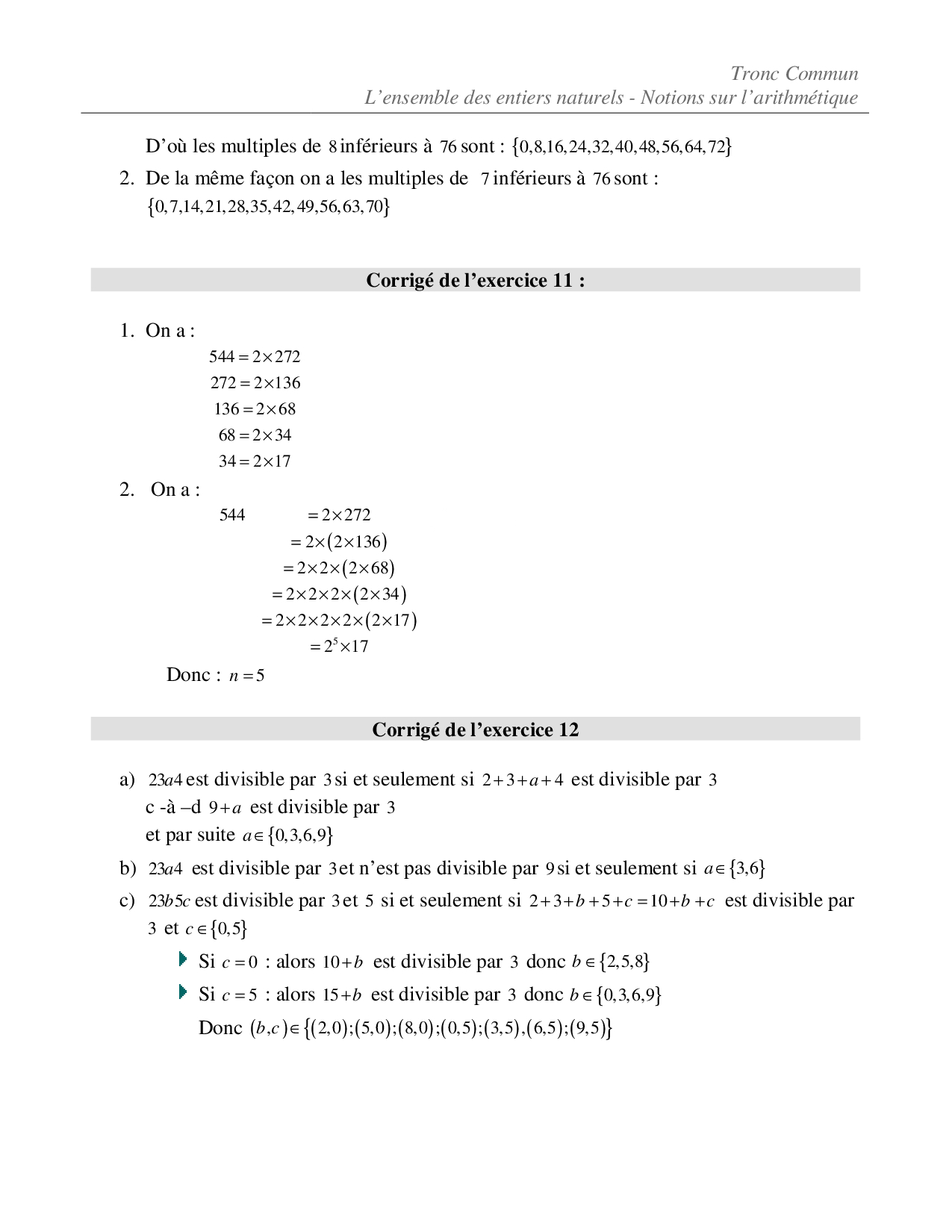 Arithmétique dans IN - Corrigé série d'exercices 2 - AlloSchool