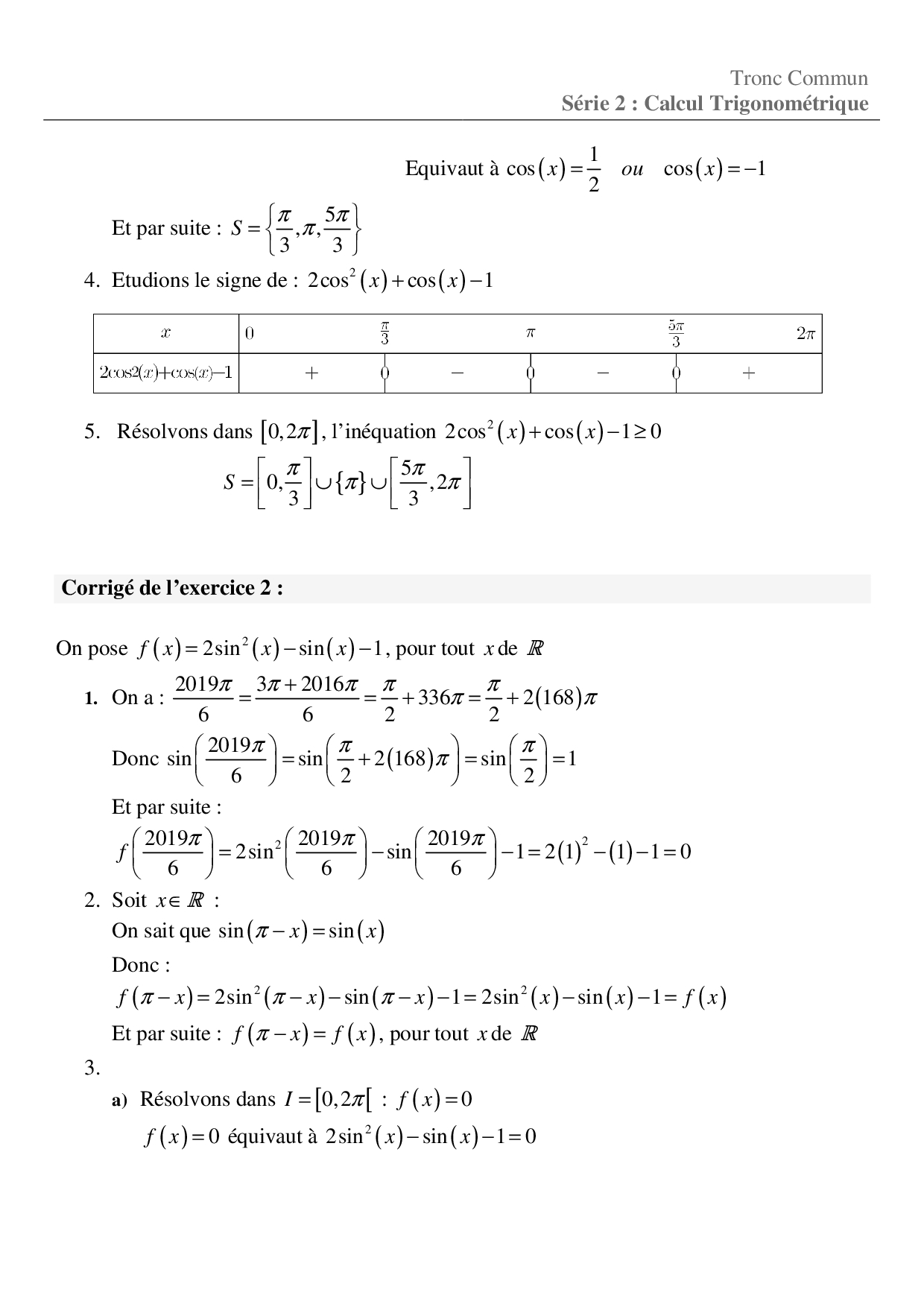 Calcul trigonométrique 2 - Corrigé série d'exercices 1 - AlloSchool