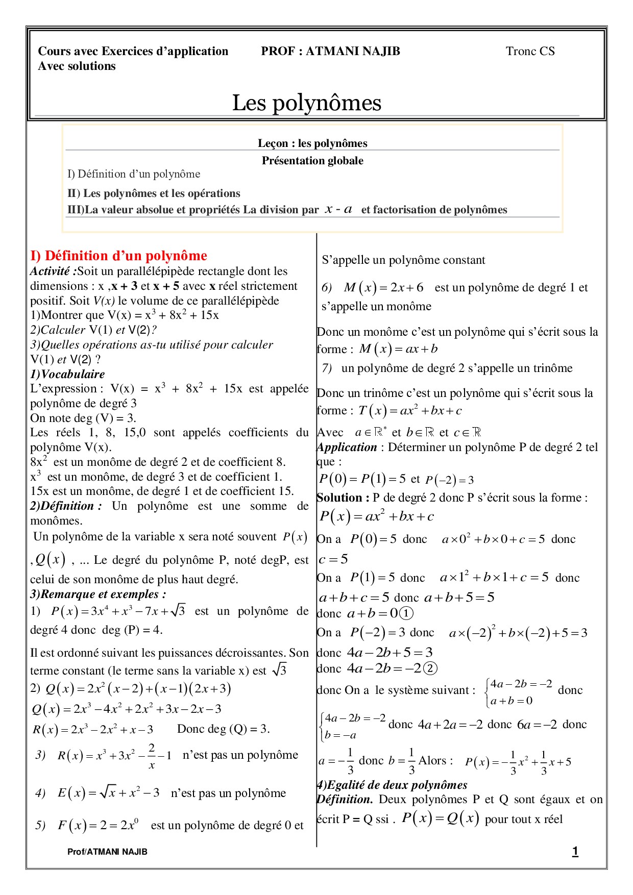 Les polynômes - Cours et exercices corrigés - AlloSchool