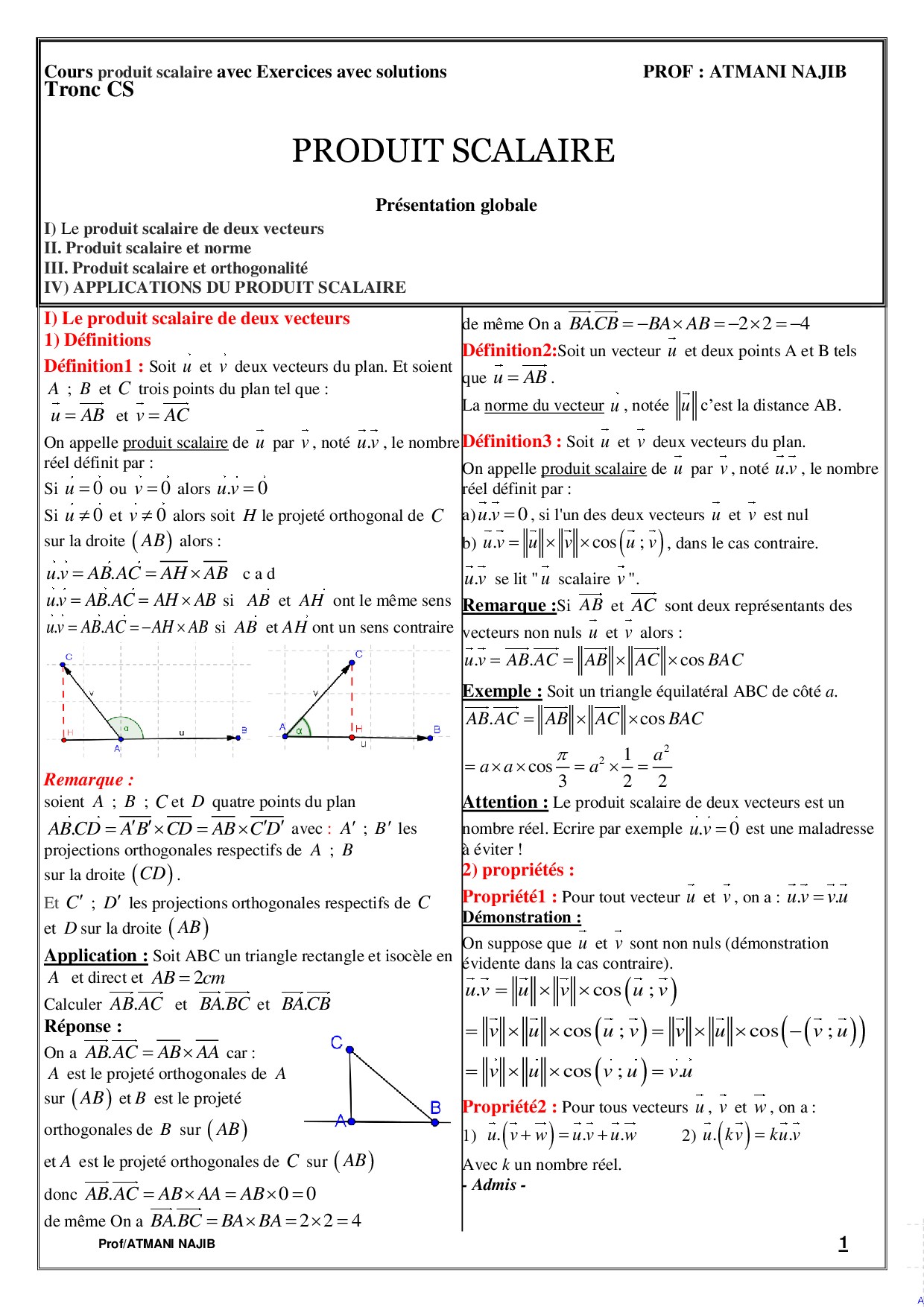 Le produit scalaire - Cours et exercices corrigés - AlloSchool