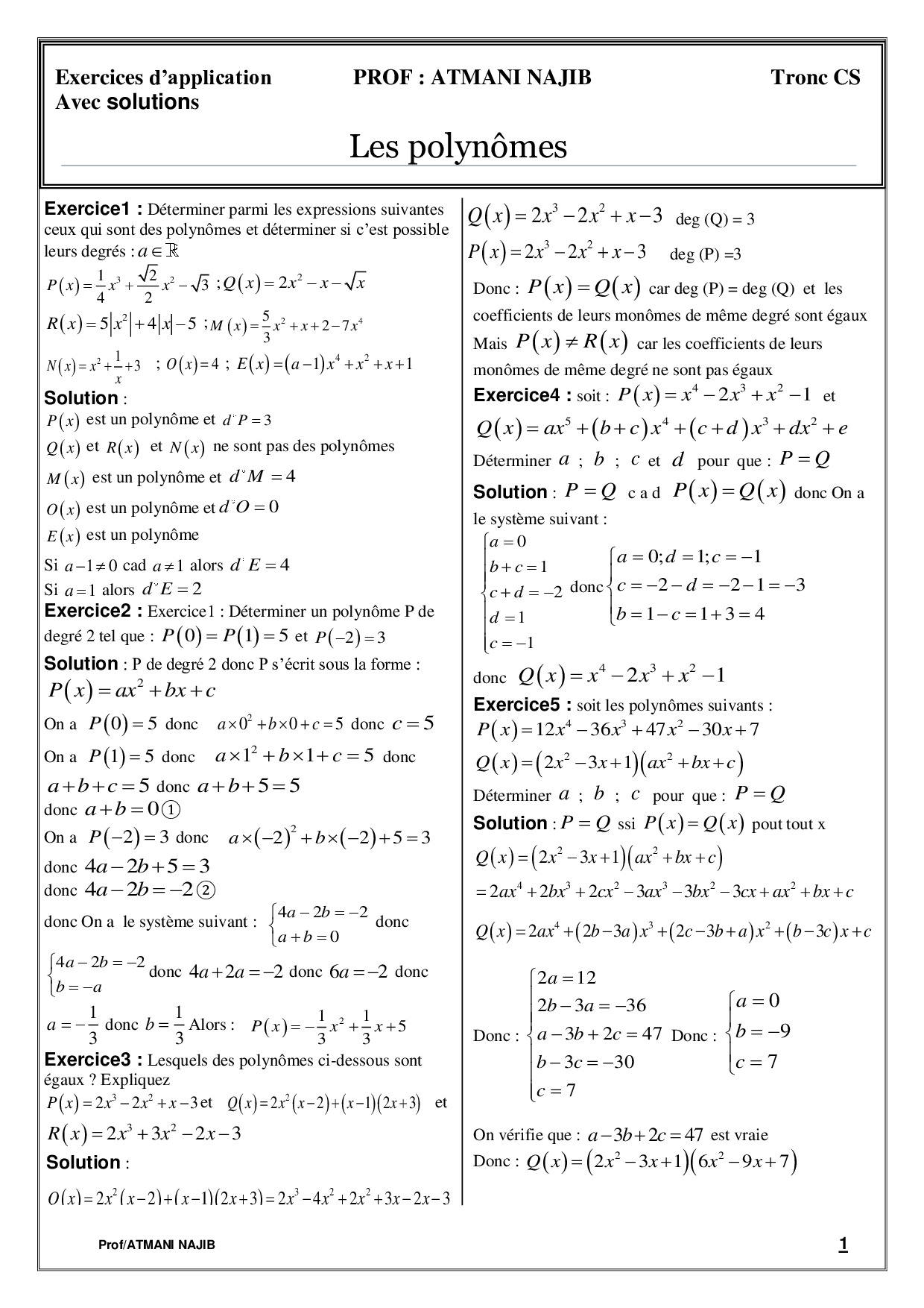 Les polynômes - Exercices corrigés 1 - AlloSchool
