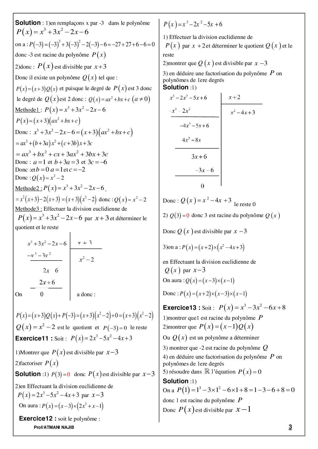 Exercices sur la division euclidienne des polynômes