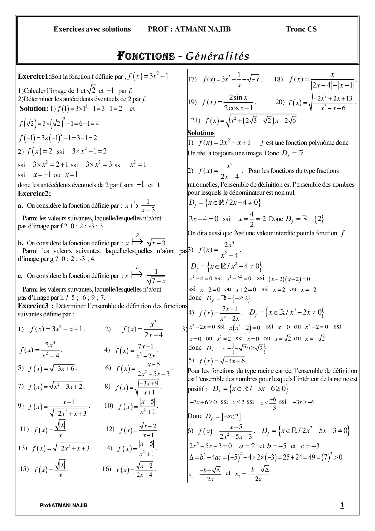 Généralités sur les fonctions - Exercices corrigés 1 - AlloSchool
