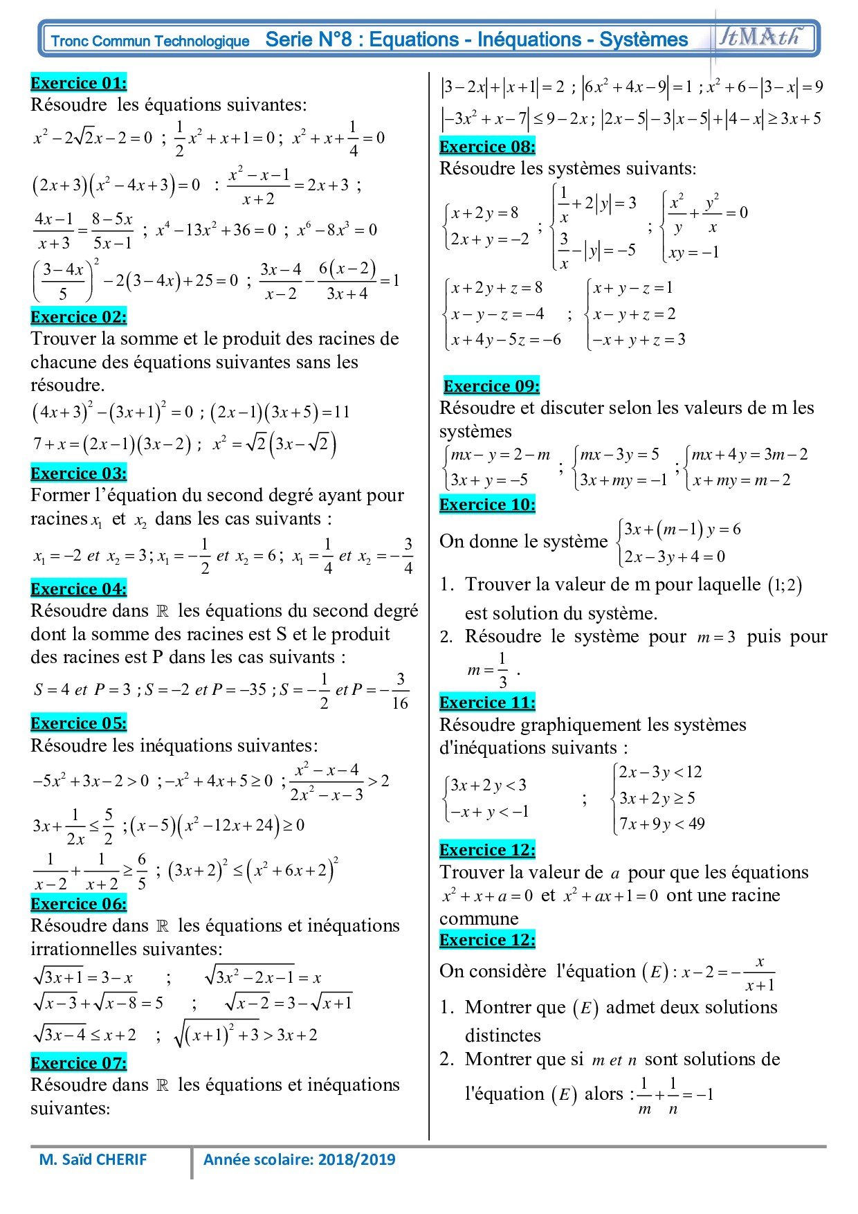 Équations, inéquations et systèmes - Exercices non corrigés 10 - AlloSchool