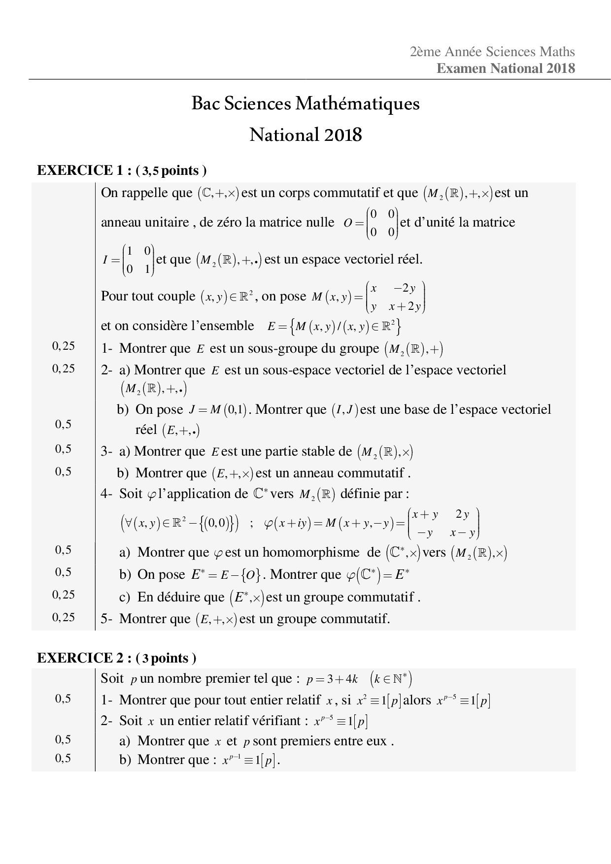 Examen National Mathématiques Sciences Maths 2018 Normale - Sujet ...