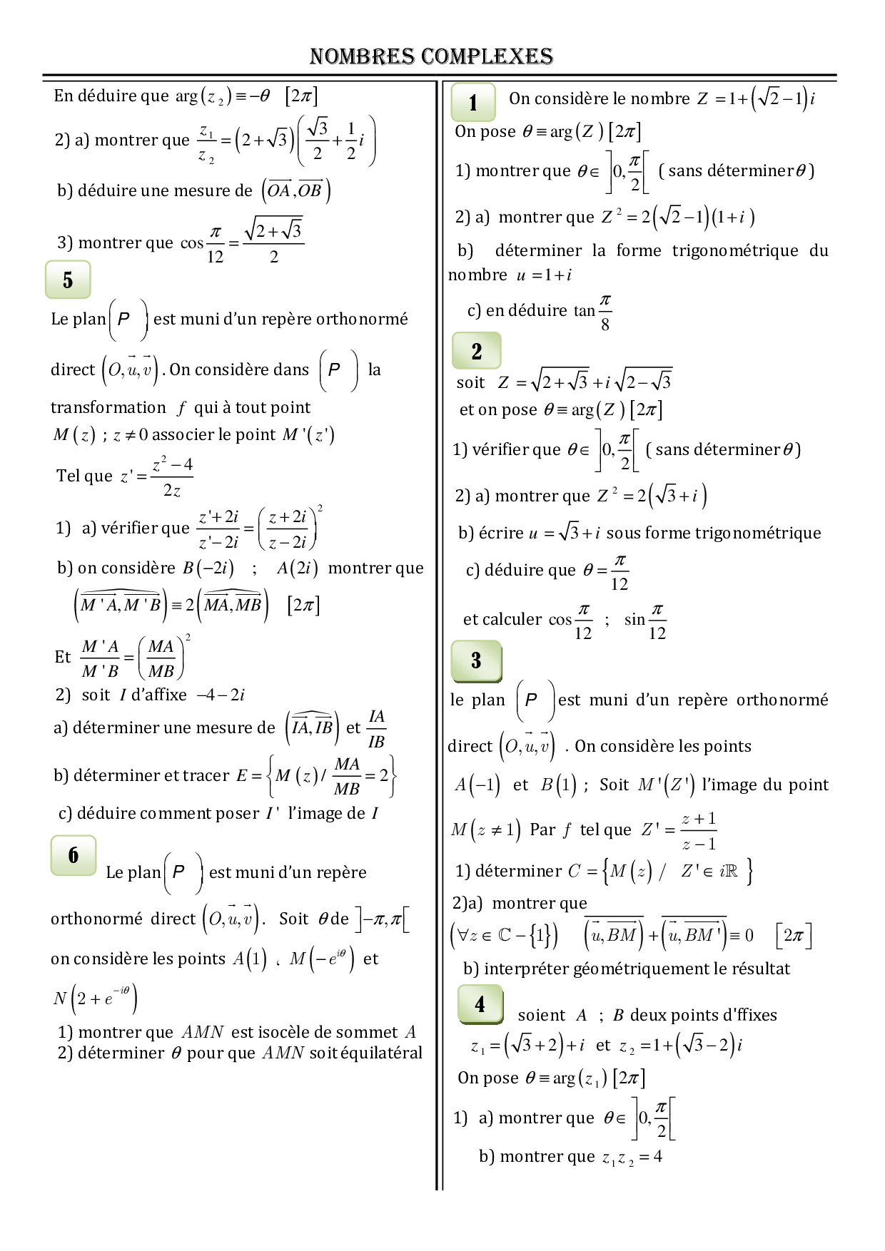 Nombres complexes 1 - Exercices non corrigés 1 - AlloSchool