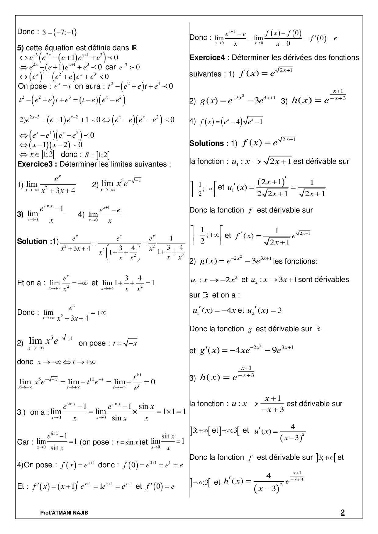 Fonctions exponentielles - Corrigé série d'exercices 1 - AlloSchool