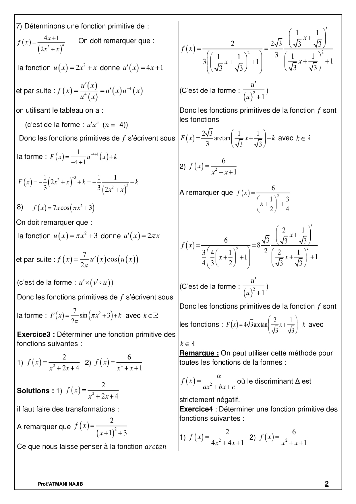 Fonctions primitives - Corrigé série d'exercices 1 - AlloSchool