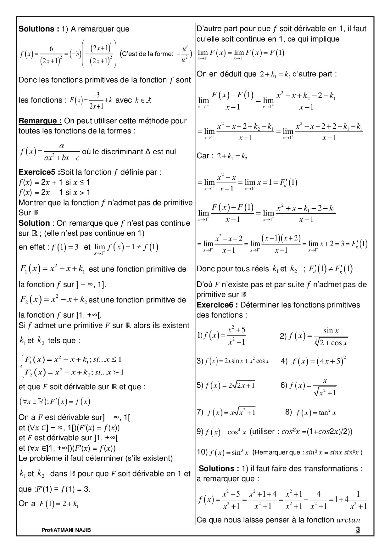 Fonctions primitives - Corrigé série d'exercices 1 - AlloSchool