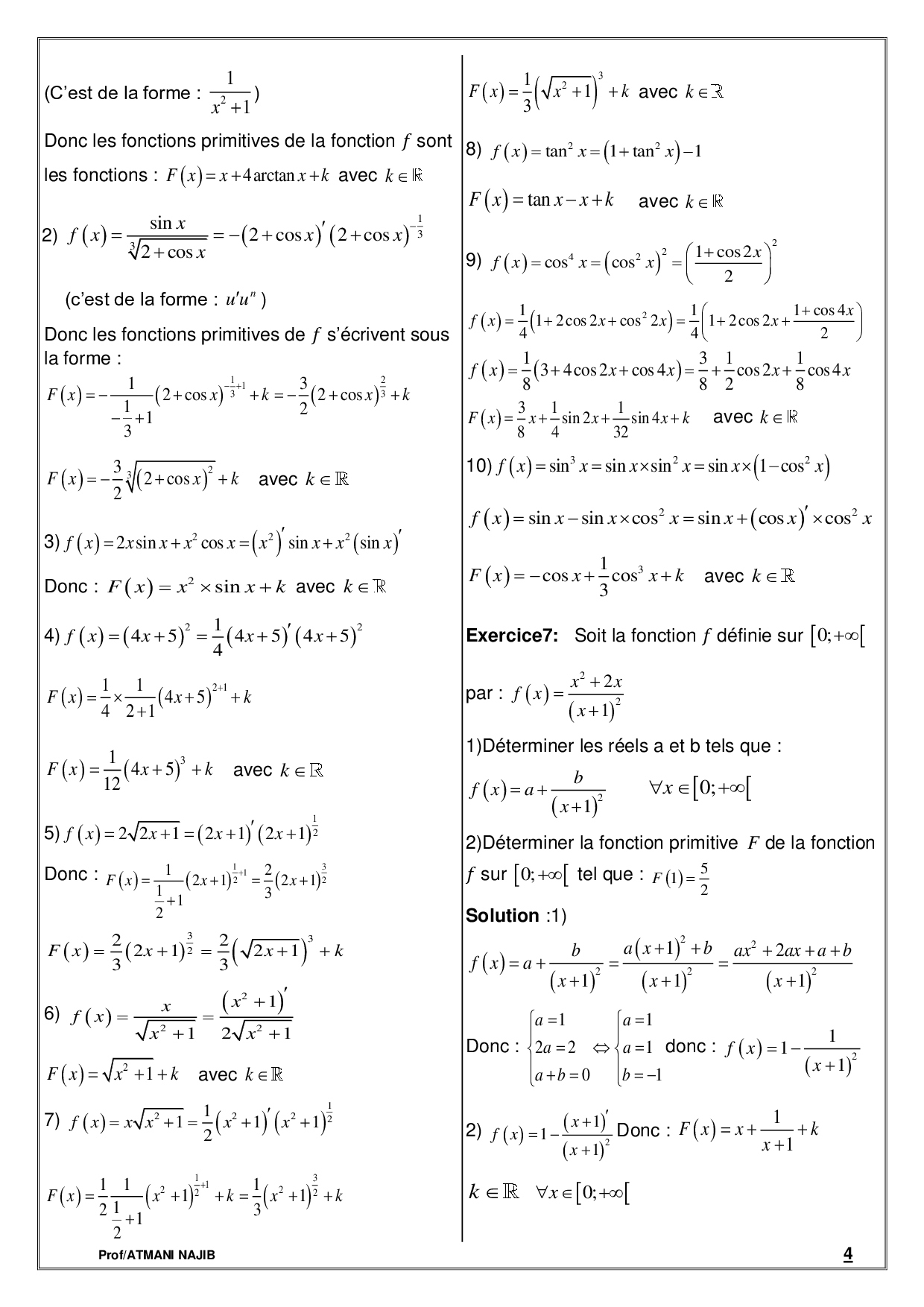 Fonctions primitives - Corrigé série d'exercices 1 - AlloSchool