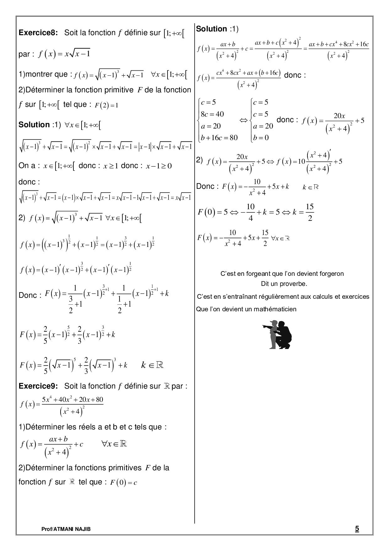 Fonctions primitives - Corrigé série d'exercices 1 - AlloSchool