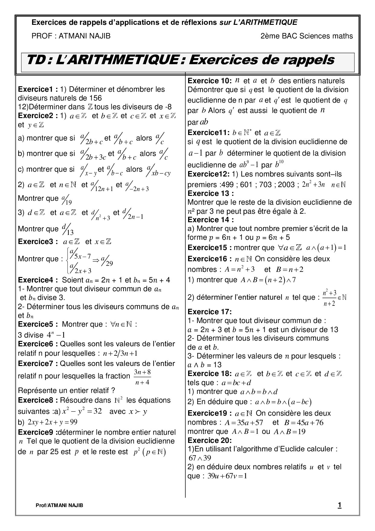 Arithmétique - Série d'exercices 1 - AlloSchool