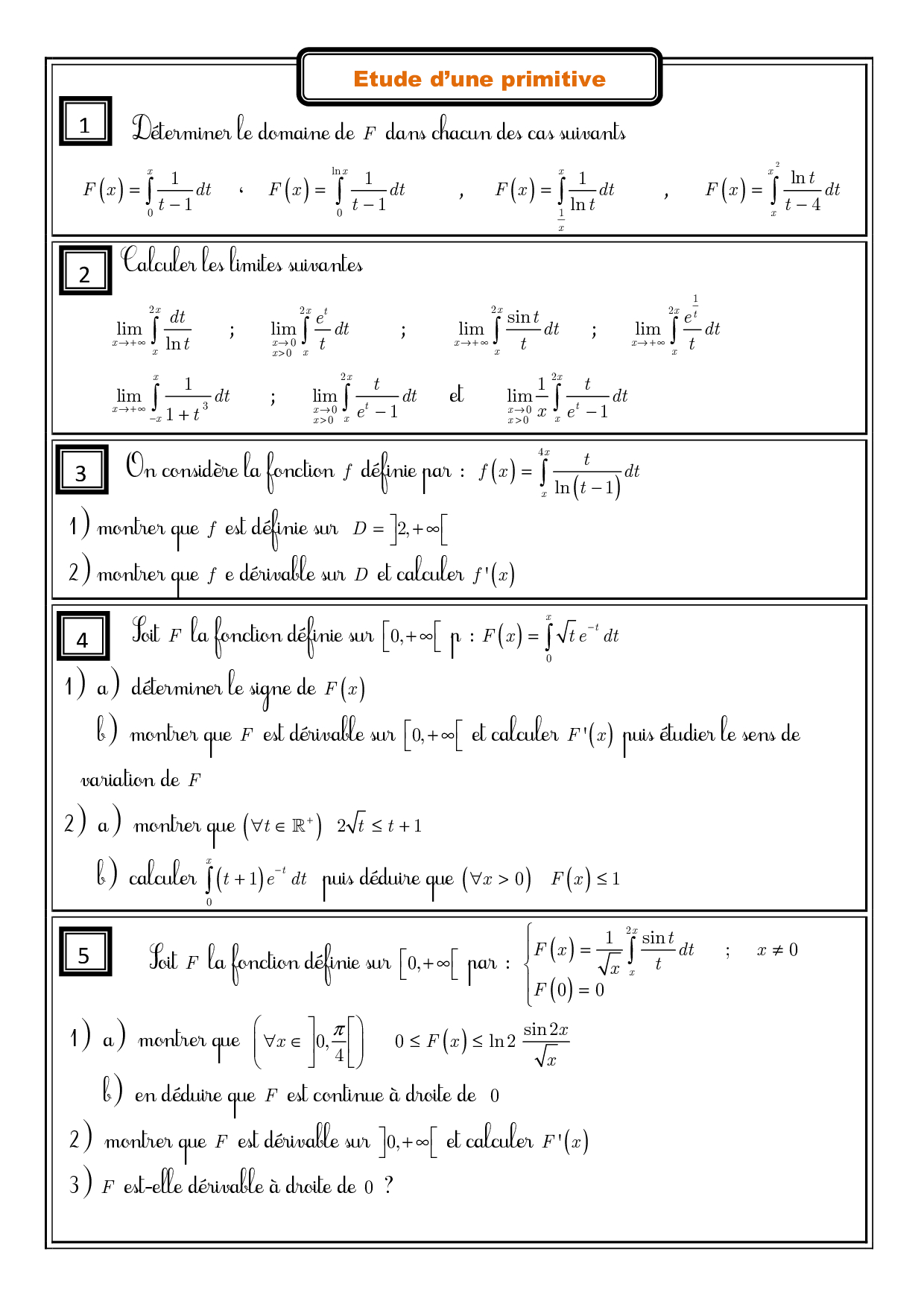 Fonctions primitives - Exercices non corrigés 2 - AlloSchool
