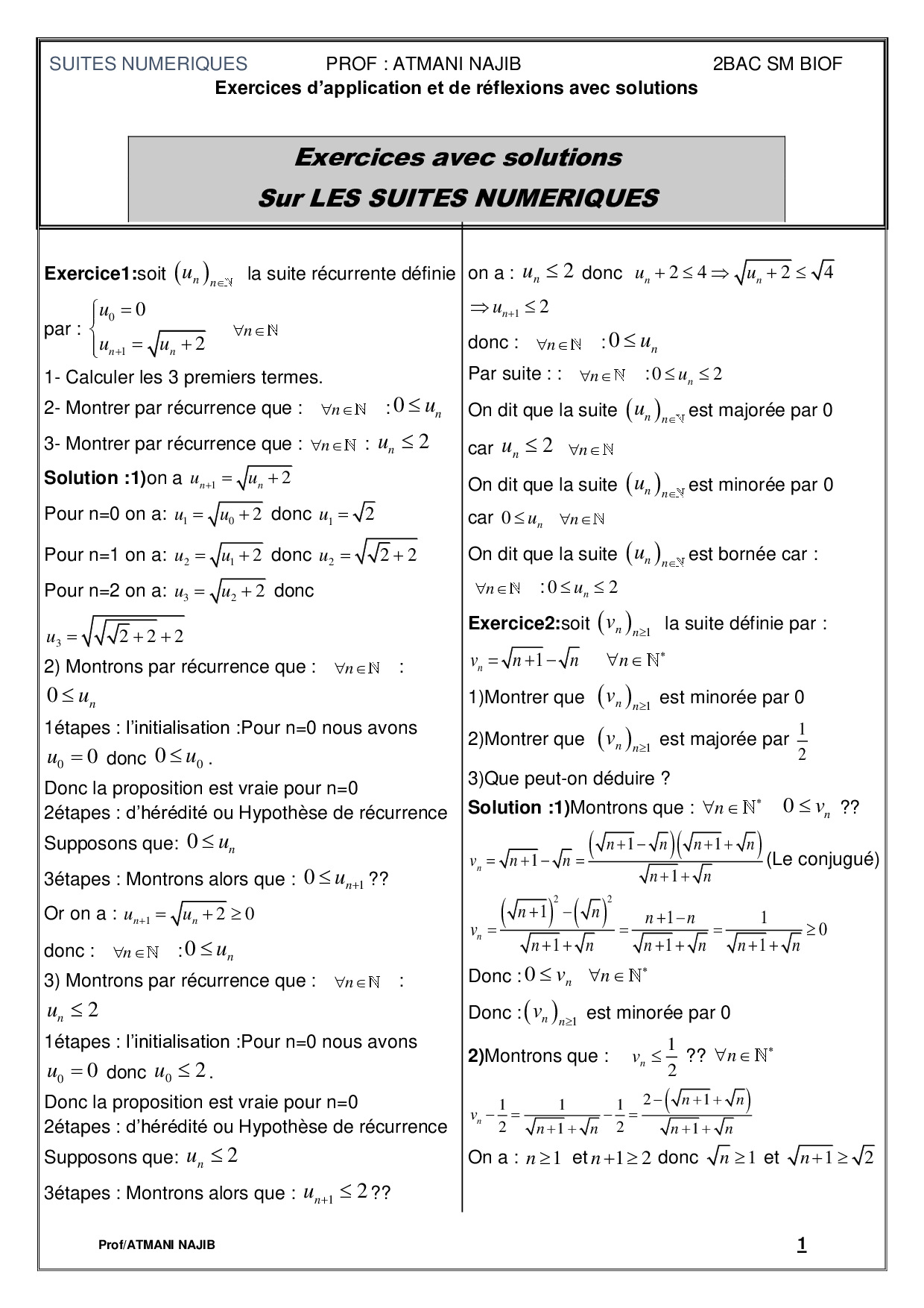 Suites numériques - Corrigé série d'exercices 1 - AlloSchool